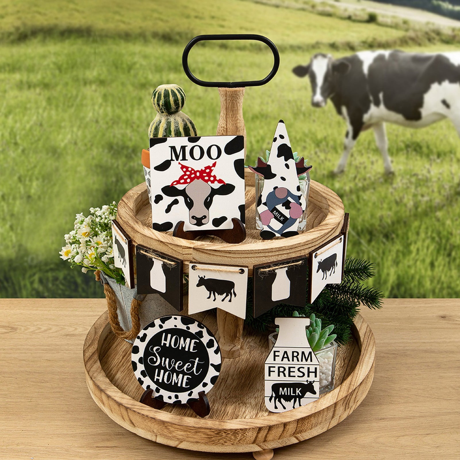 Xubond Home Decor, Cow Themed Home Desktop Layout Props Layered Trays ...