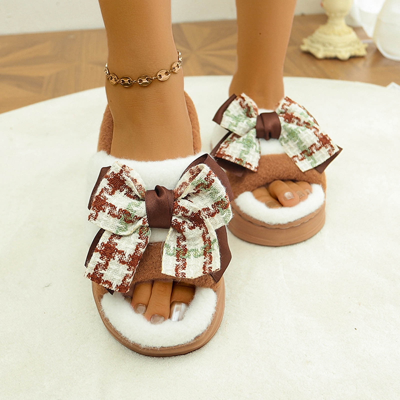 Xucatan Fuzzy Bow Slippers for Women Winter Bedroom Warm Slippers with ...