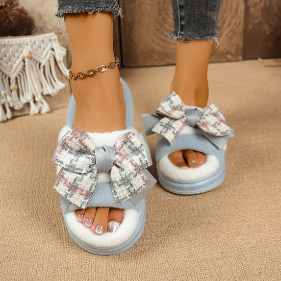 Xucatan Fuzzy Bow Slippers for Women Winter Bedroom Warm Slippers with Anti-Skid Sole Cozy House ...