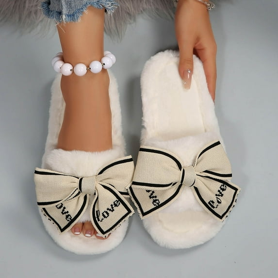 Xucatan Fuzzy Bow Slippers for Women Winter Bedroom Warm Slippers with Anti-Skid Sole Cozy House ...