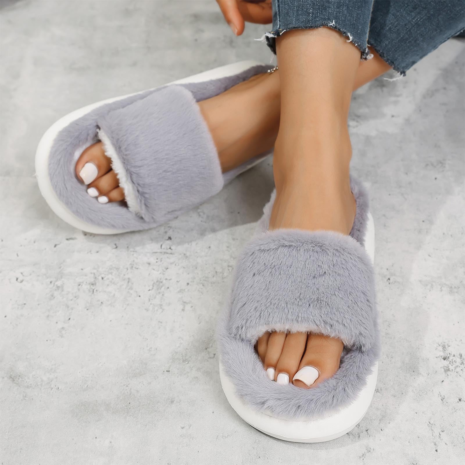 Xucatan Women's Fuzzy Fluffy Furry Fur Slippers Flip Flop Open Toe Cozy ...