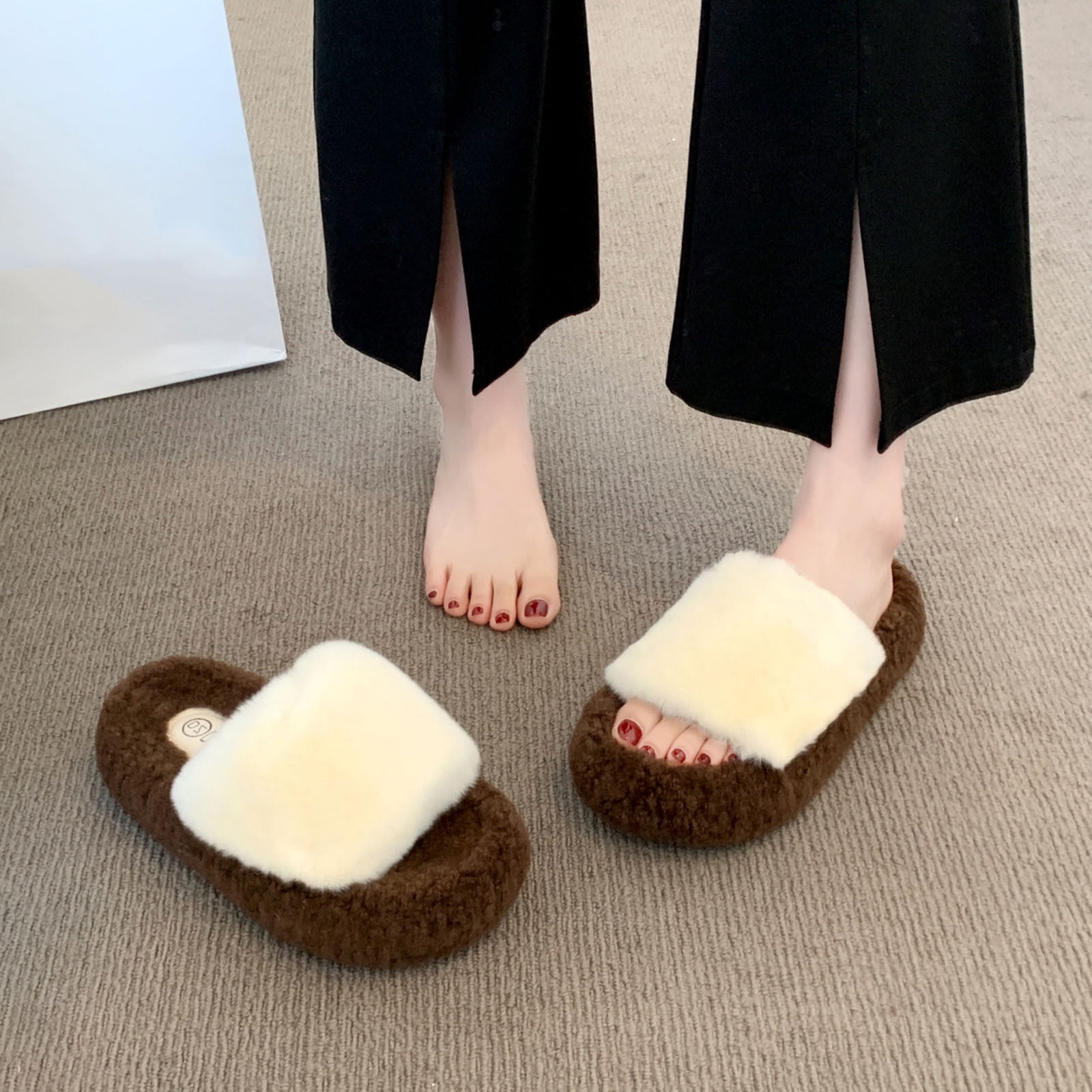 Xucatan Women's Fuzzy Fluffy Furry Fur Slippers Flip Flop Open Toe Cozy ...