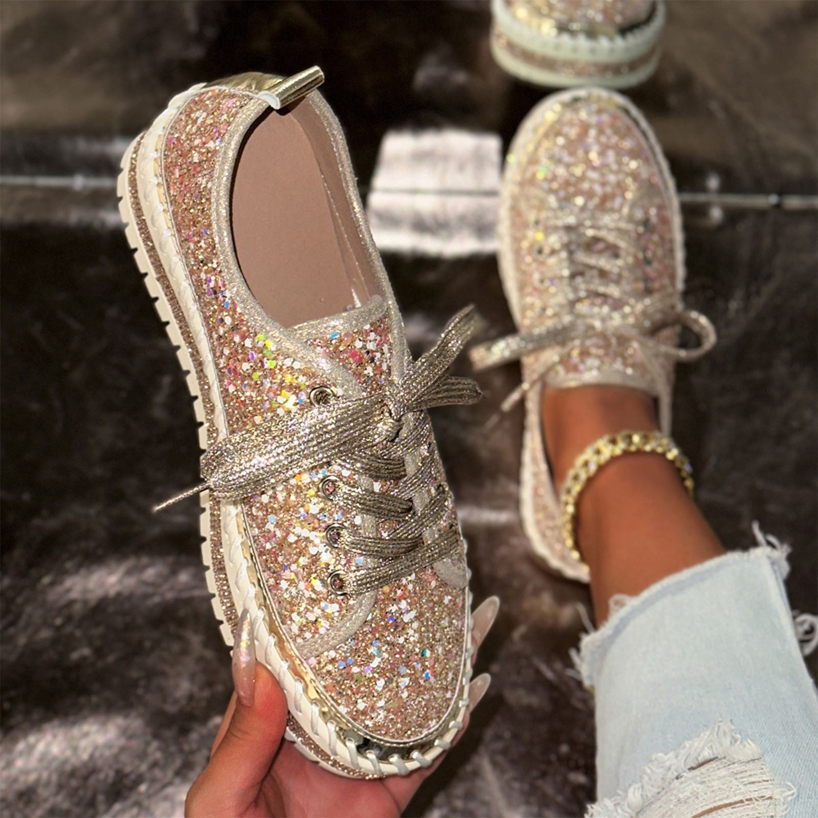 Xucatan Women's Glitter Sparkly Fashion Rhinestone Sneakers Casual Non ...