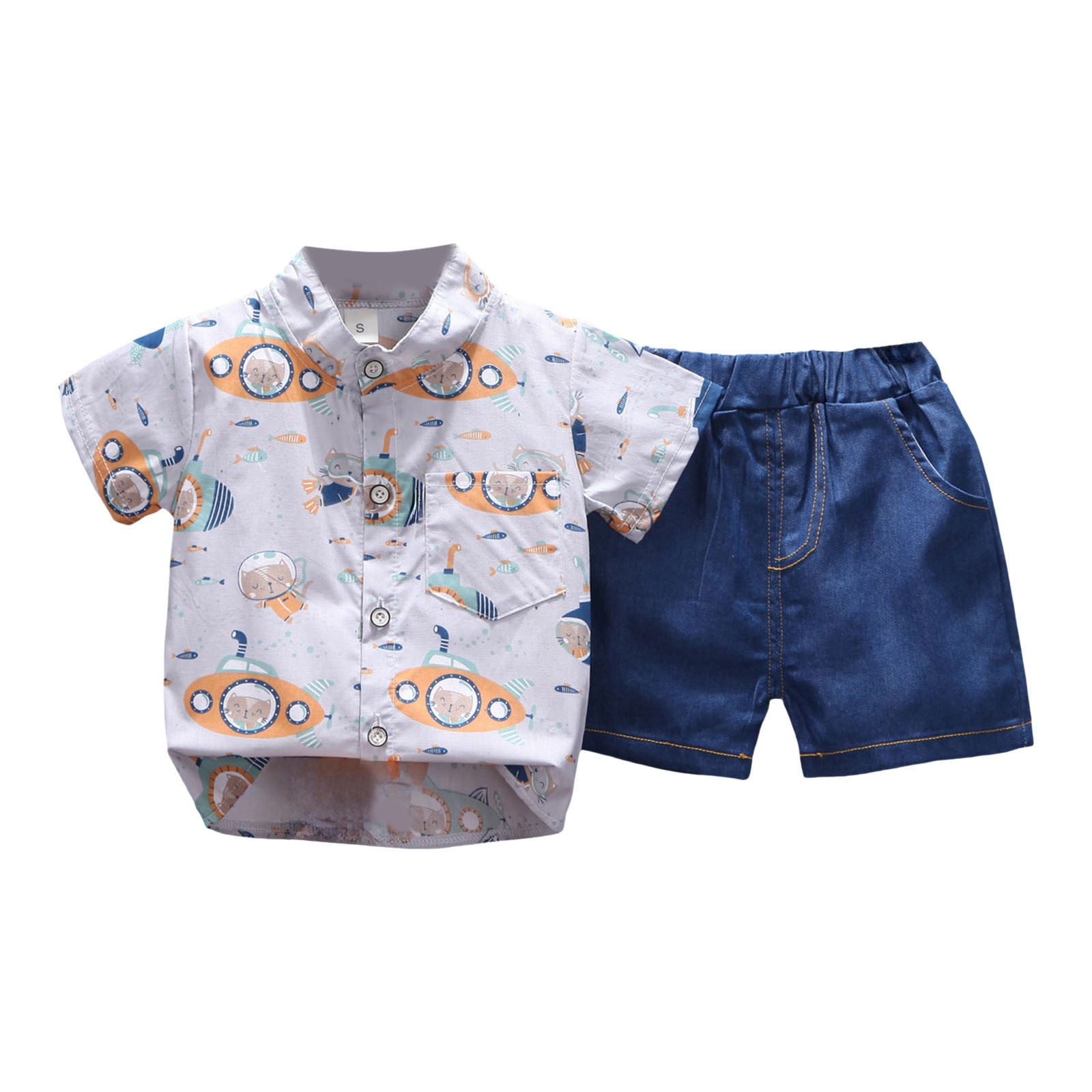 Xudanell Baby Boy Summer Outfit Stand Up Button Down Shirt Cat ...