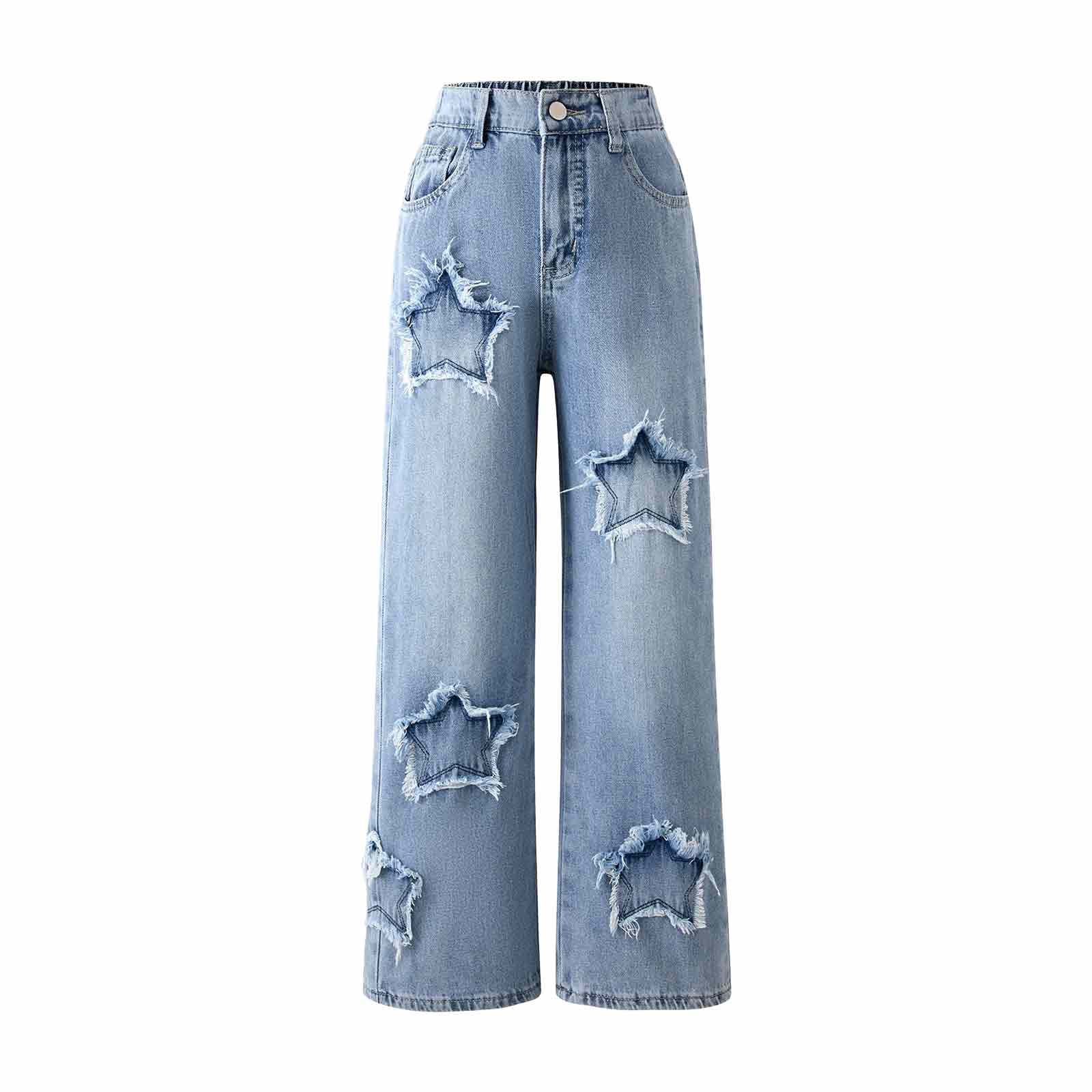 Xudanell Girls Jean Pants Star Decoration Elastic Waist Wide Leg Jeans ...