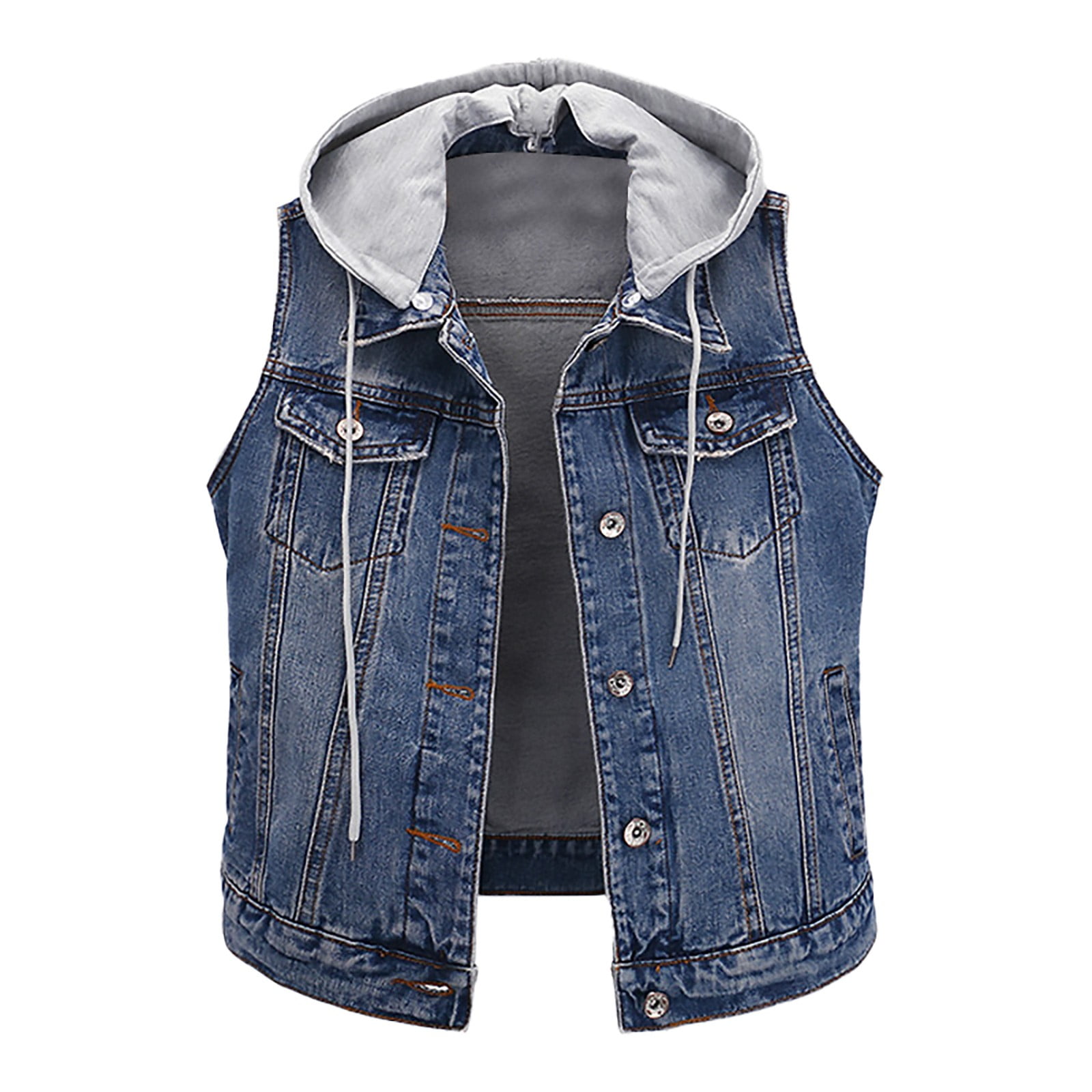 Xuemjiao Vest for Women Women's Hooded Drawstring Denim Vest Distressed ...