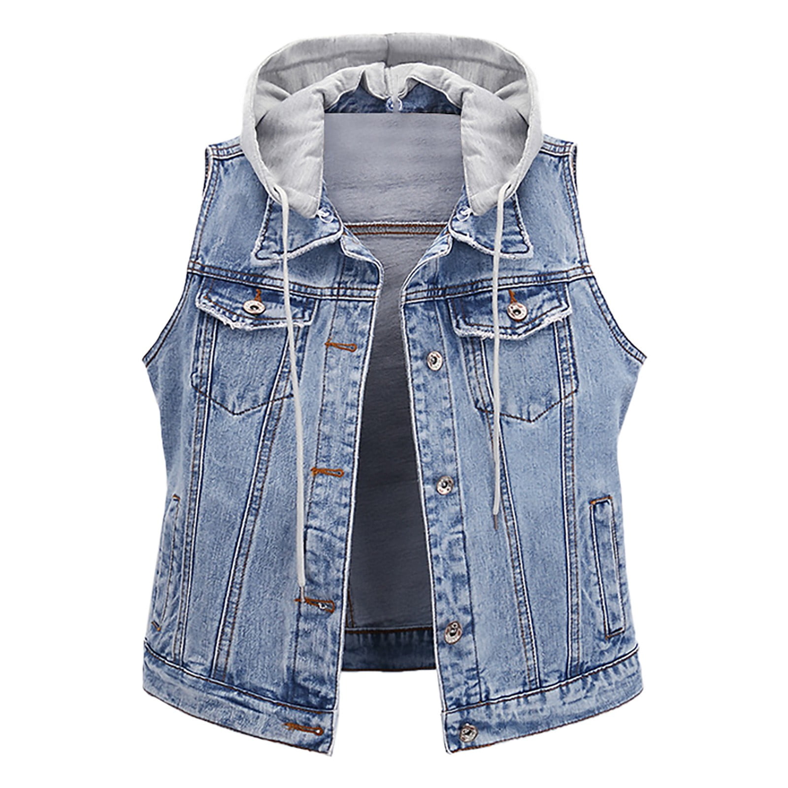 Xuemjiao Womens Vests Lightweight Women's Hooded Drawstring Denim Vest ...