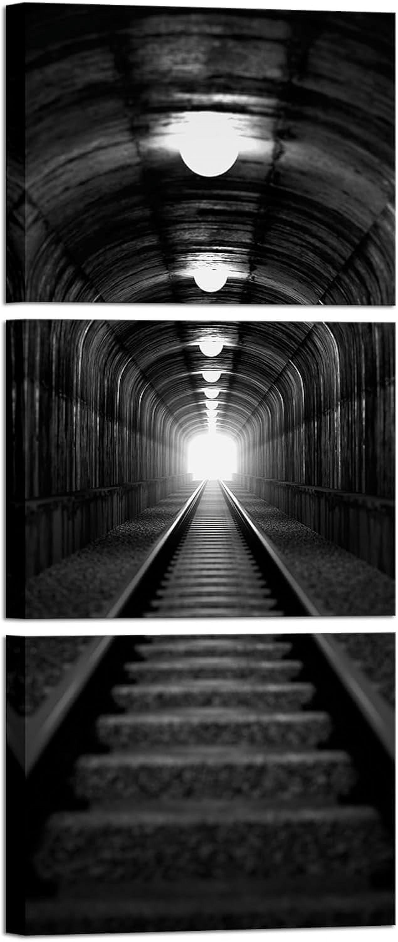 Xuen Black and White Canvas Wall Art Train Tunnel with Light Picture ...