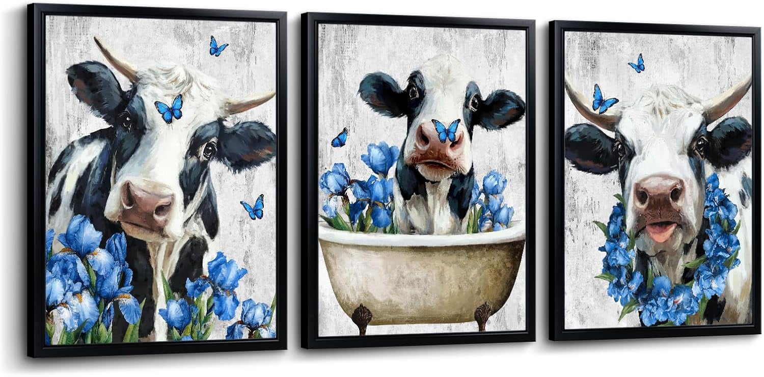 Xuen Farmhouse Bathroom Wall Art Cow and Blue Flowers Painting Canvas ...