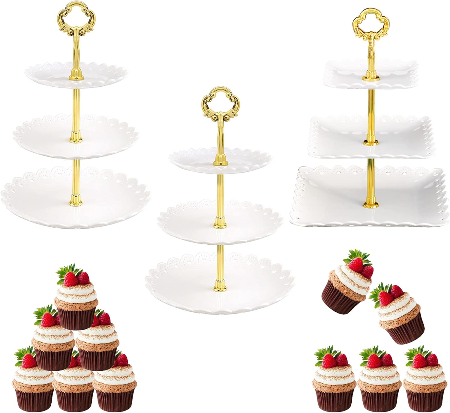 Xugoox 3 Pcs 3 tier Cupcake Display Tower, Dessert Tray Stand, 2 Round ...