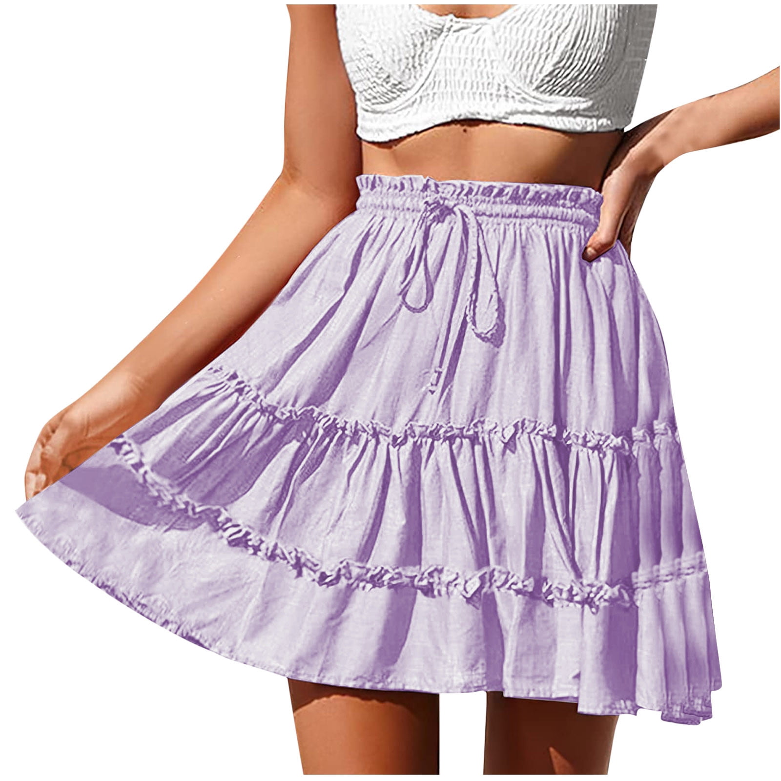 Xuhomer Summer Mini Skirt for Women Printed Pleated Ruffle Elastic High ...
