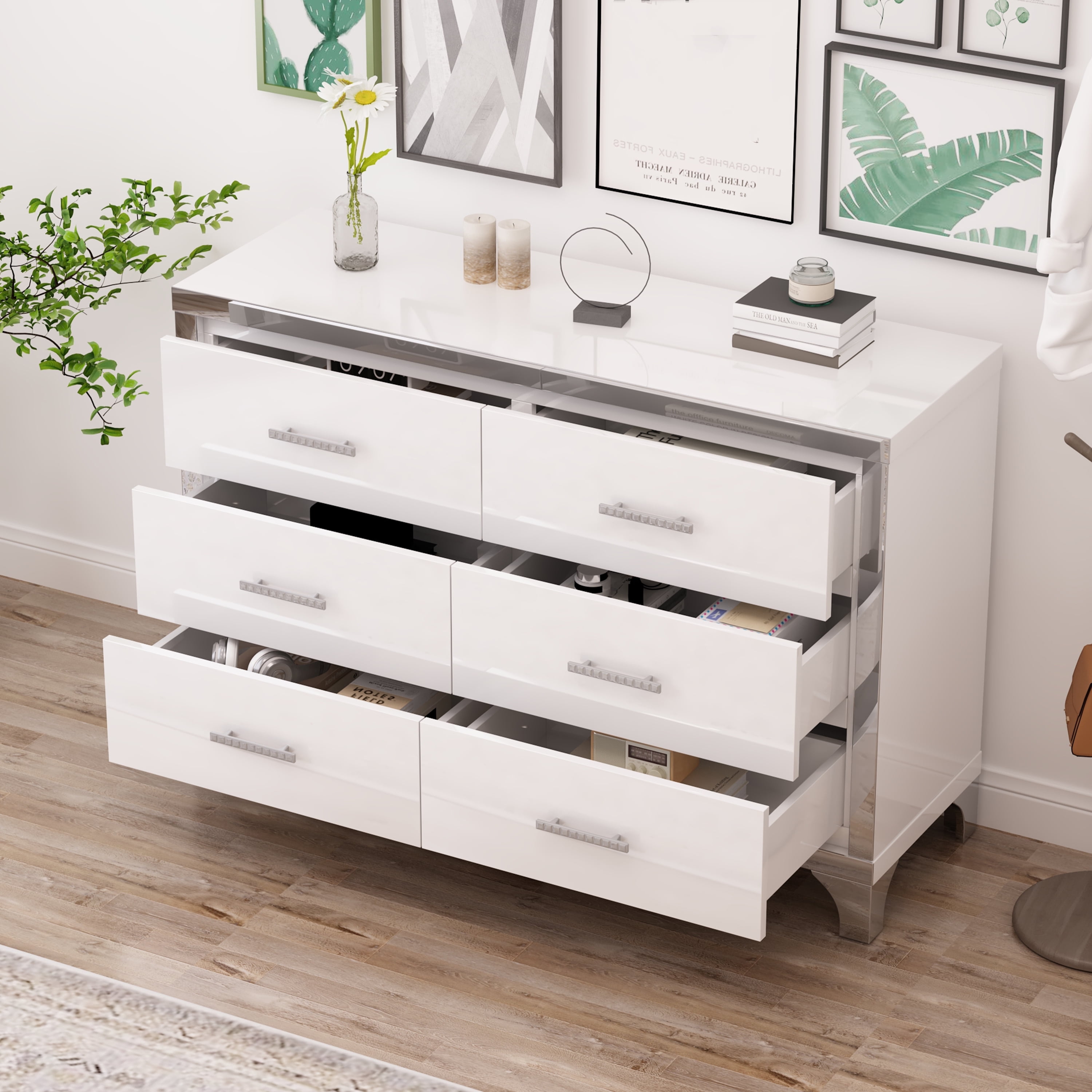 Xukmct 6 Drawers Dresser with Metal Handle, Mirrored Elegant High Gloss Storage Cabinet for ...