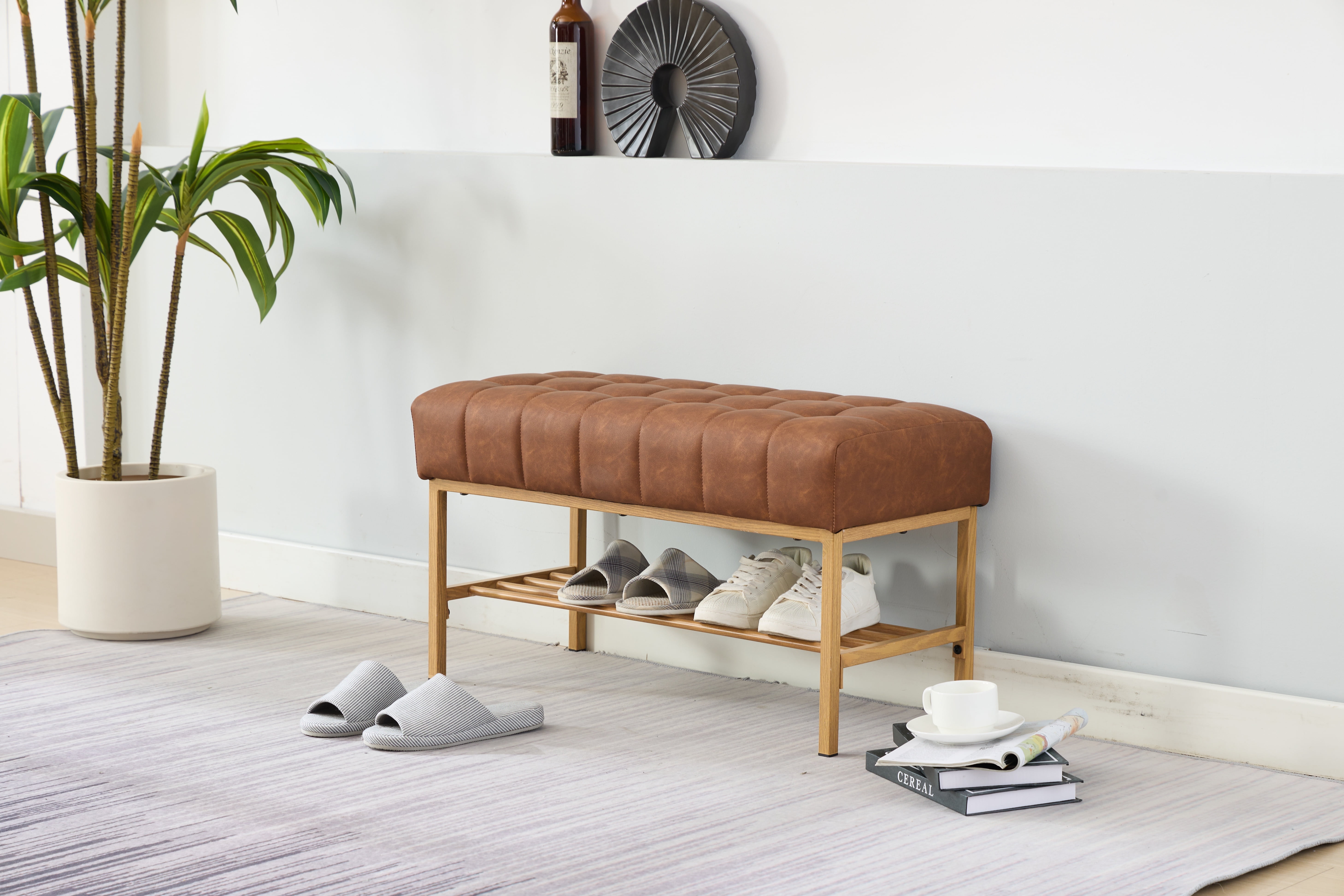 Xukmct Fabric Upholstered End of Bed Bench with Bottom Shelf, Shoe ...