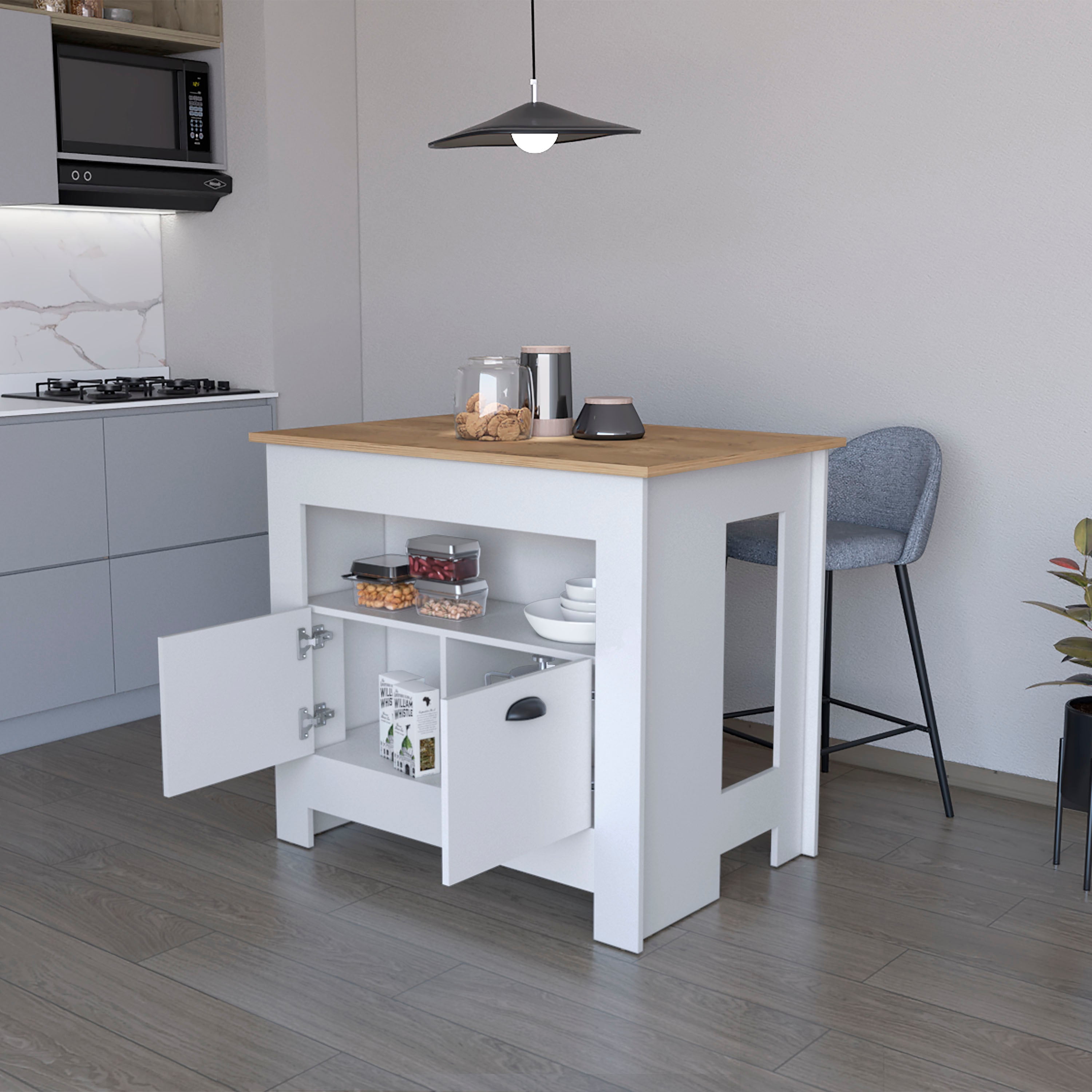 Xukmct Kitchen Island with Cabinet and Open Shelf, 2 Door Counter ...