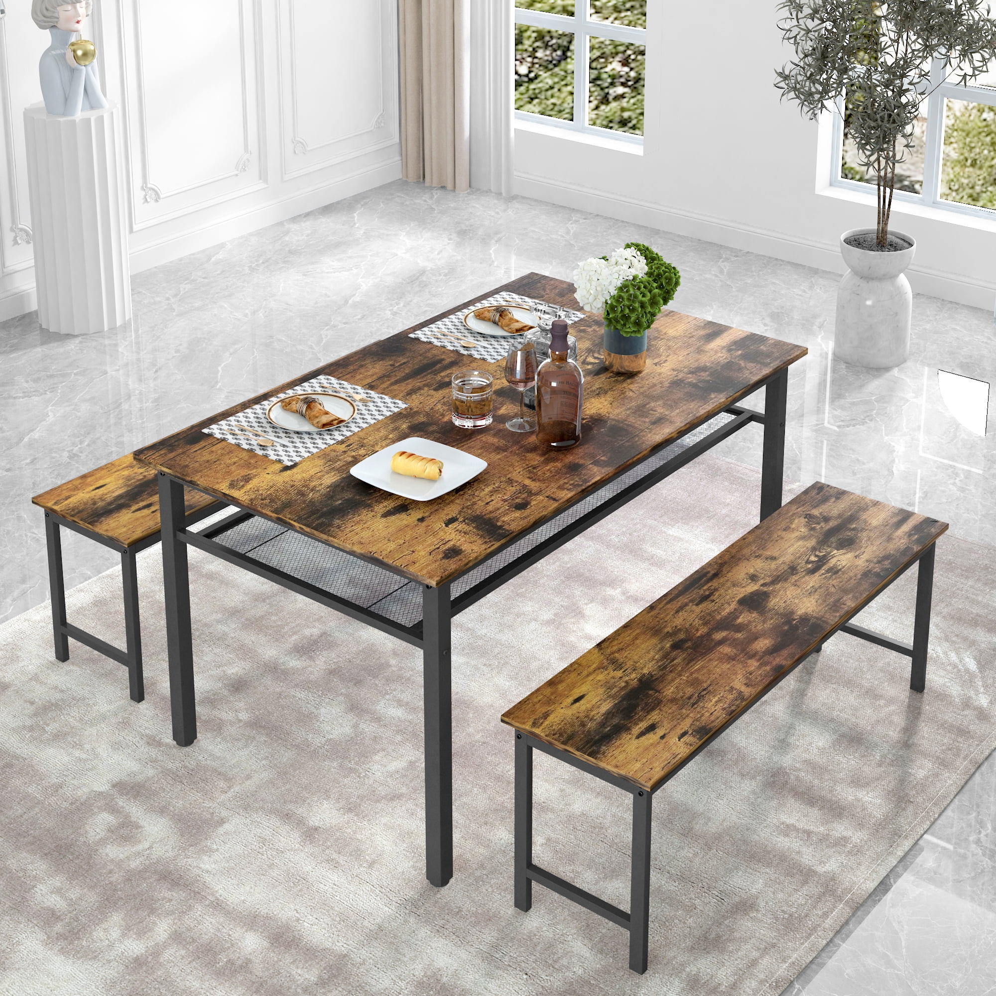 Xukmct Metal Frame Dining Table Set with 2 Benches - Walmart.com