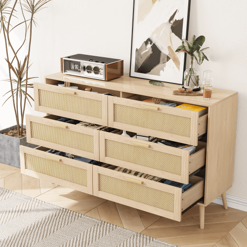 Xukmct Modern Rattan 6 Drawers Dressers with Handle, Wide Chest of ...