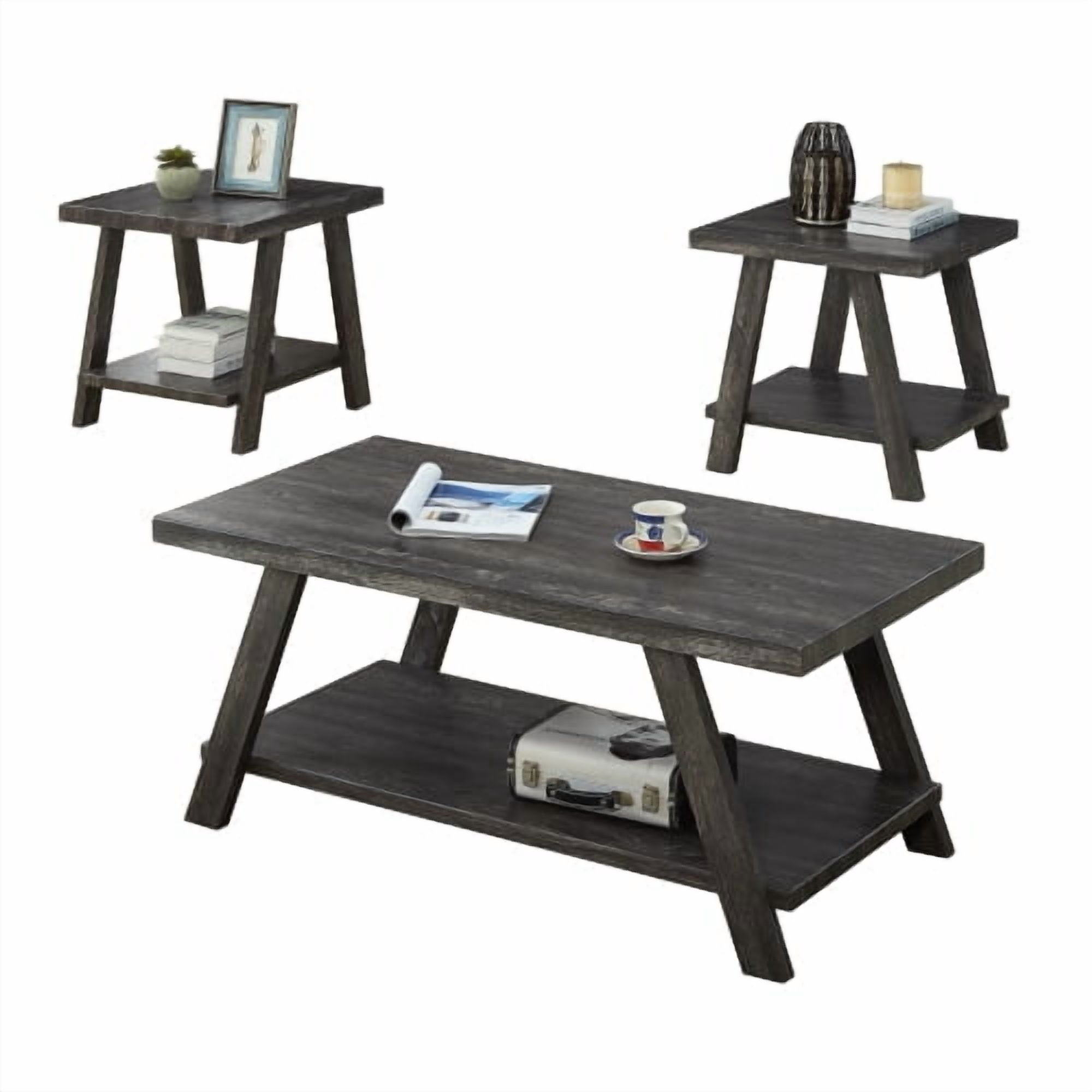 Xukmct Pack of 3 Wood Side Table Coffee Table with Bottom Shelf ...