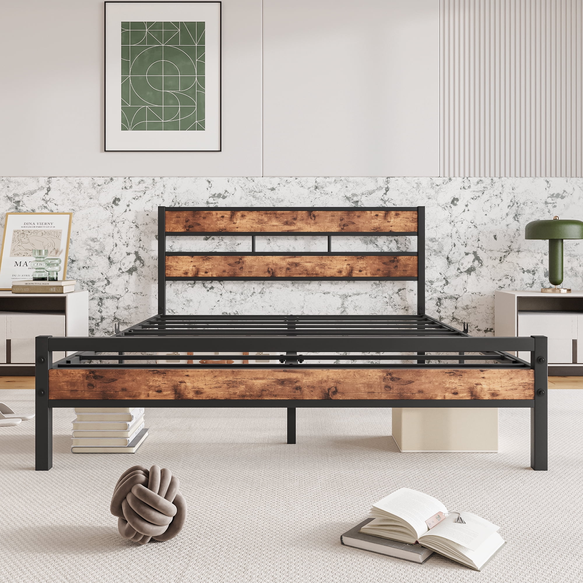 Xukmct Queen Size Platform Bed Frame with Wood Headboard, Strong Metal ...