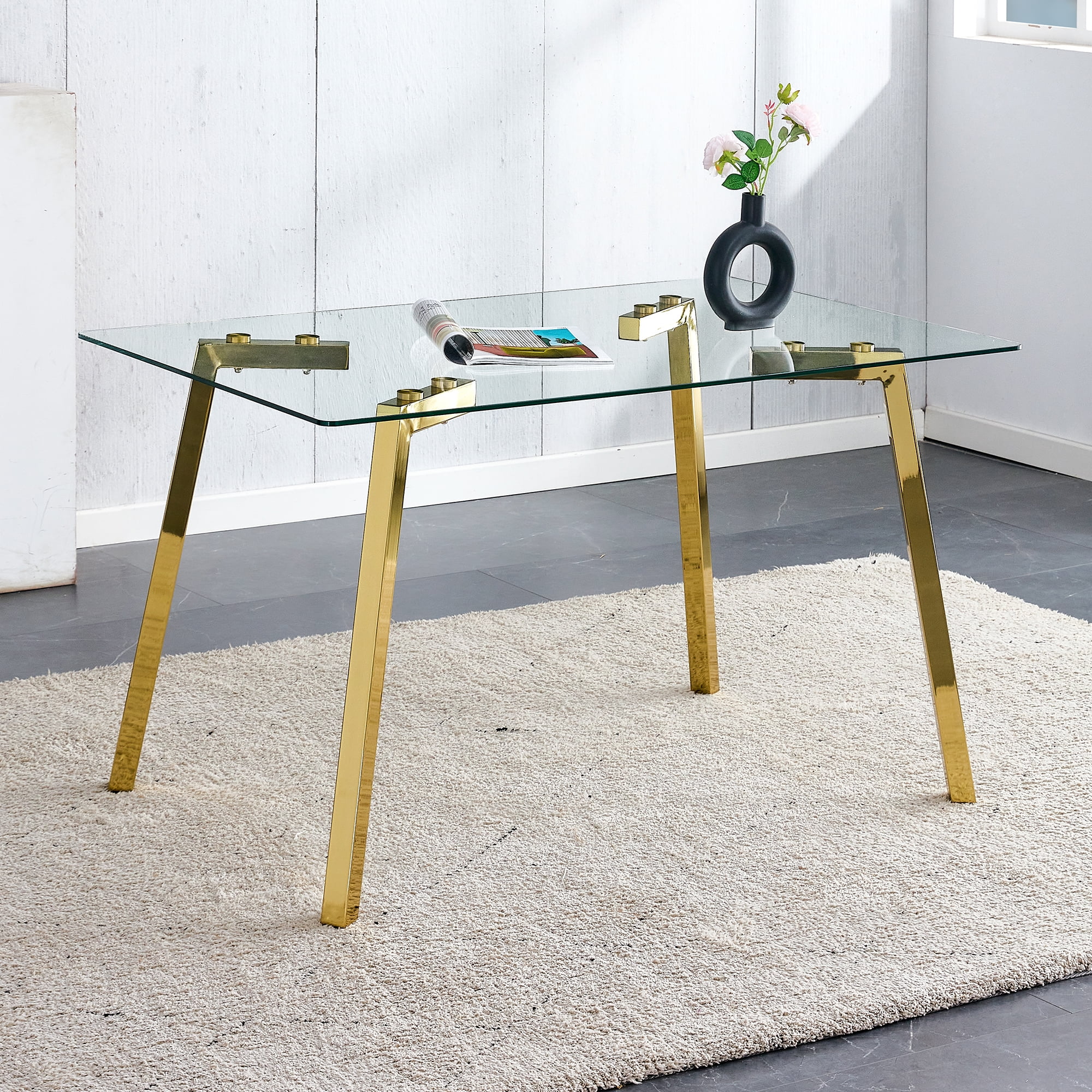 Xukmct Rectangular Dining Desk with Gold Metal Legs, Tempered Glass ...