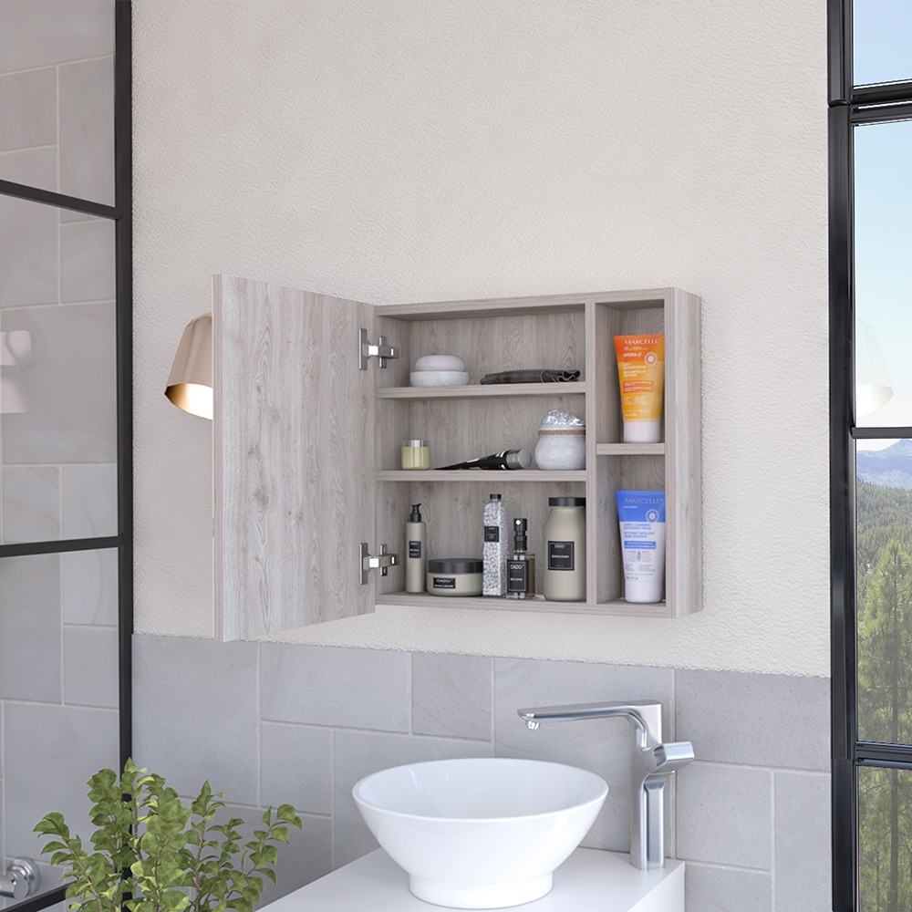 Xukmct Single Door Wall Cabinet with 5 Shelves and Mirror, Light Gray ...