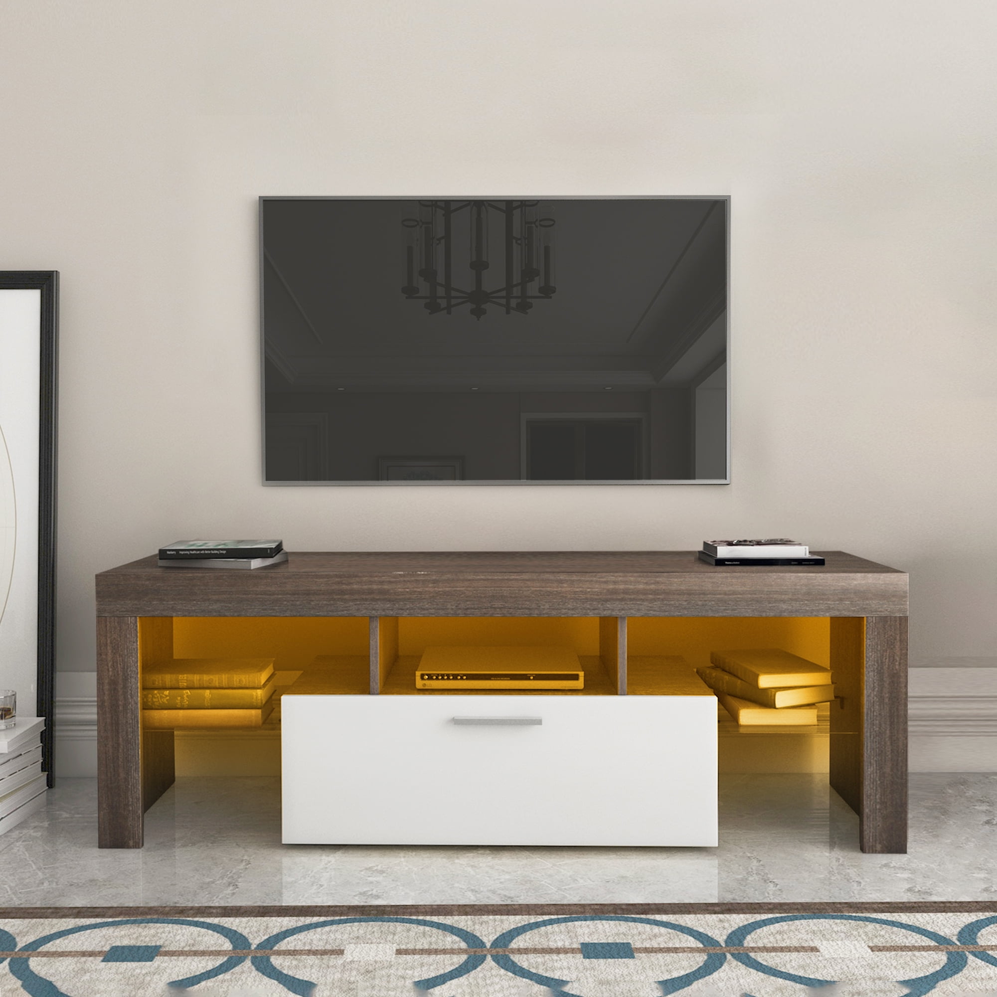 Xukmct TV Stand with LED Light and Open Shelf, Wood TV Cabinet Table ...