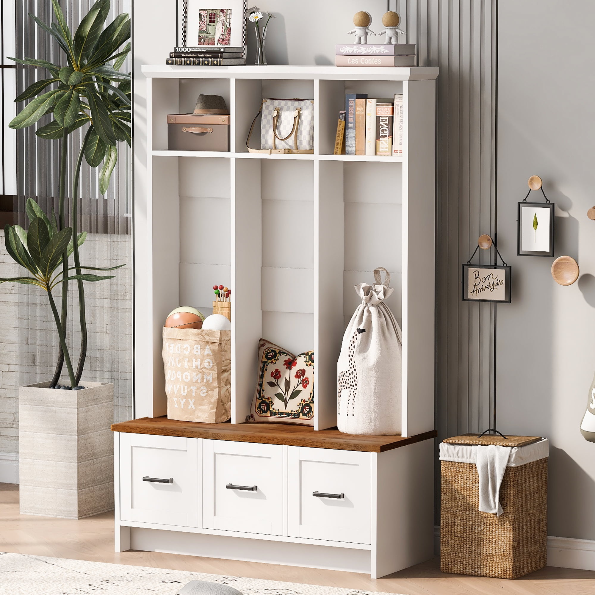 Xukmct Wood Hall Tree with Entryway Bench and 3 Shelves and Drawers, 40 ...
