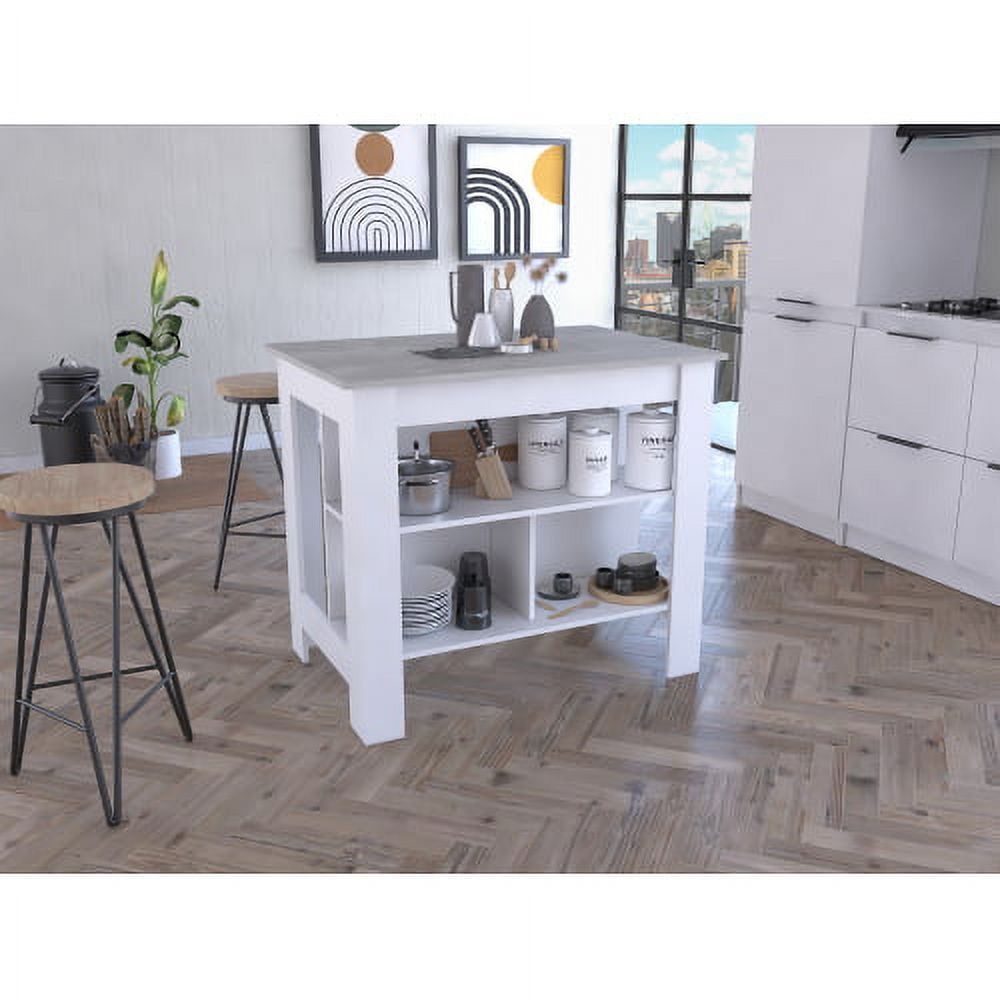 Xukmct Wood Kitchen Island Table with 3 Open Shelves, White + Light ...