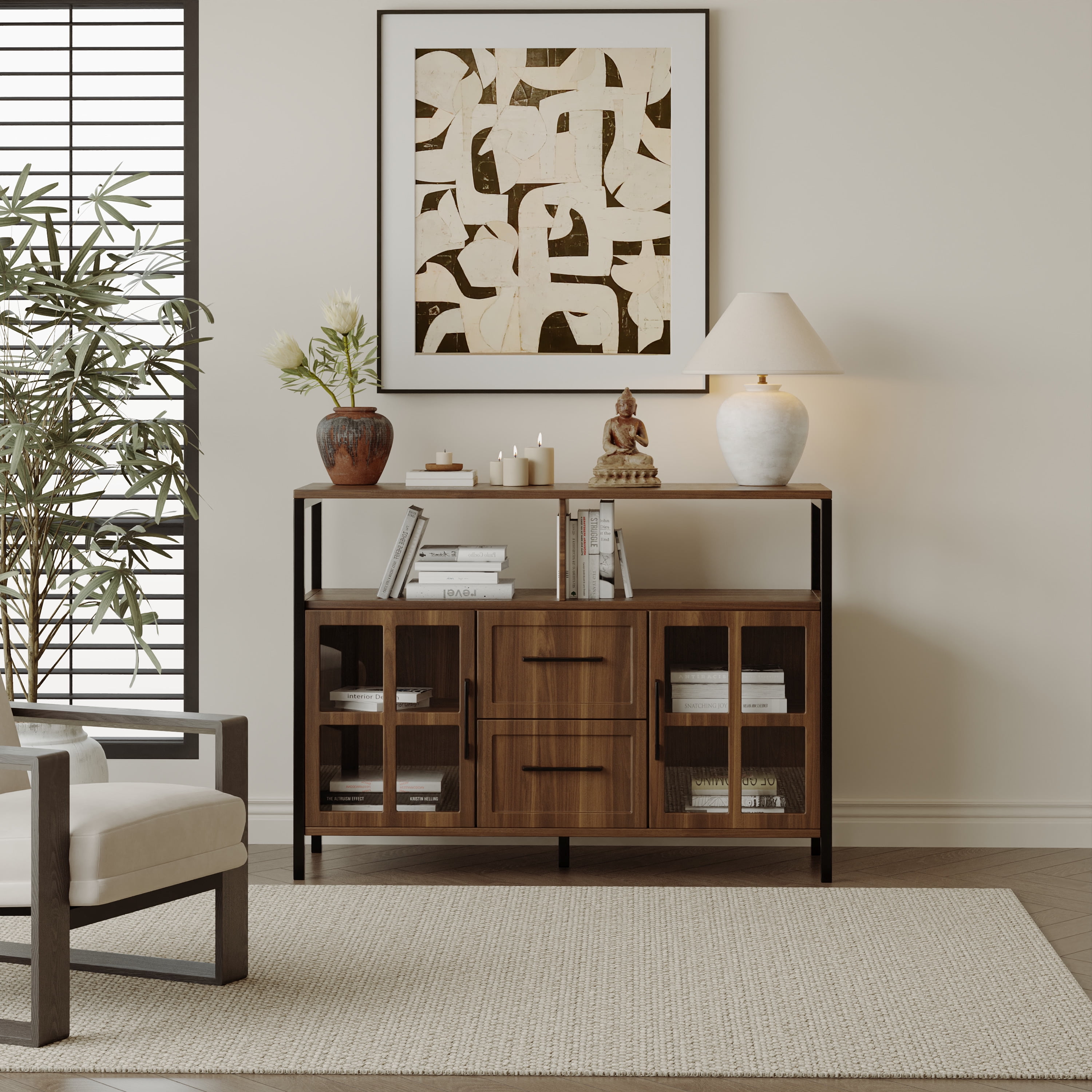 Xukmct Wood Storage Cabinet with Inner Shelves and Open Shelves ...