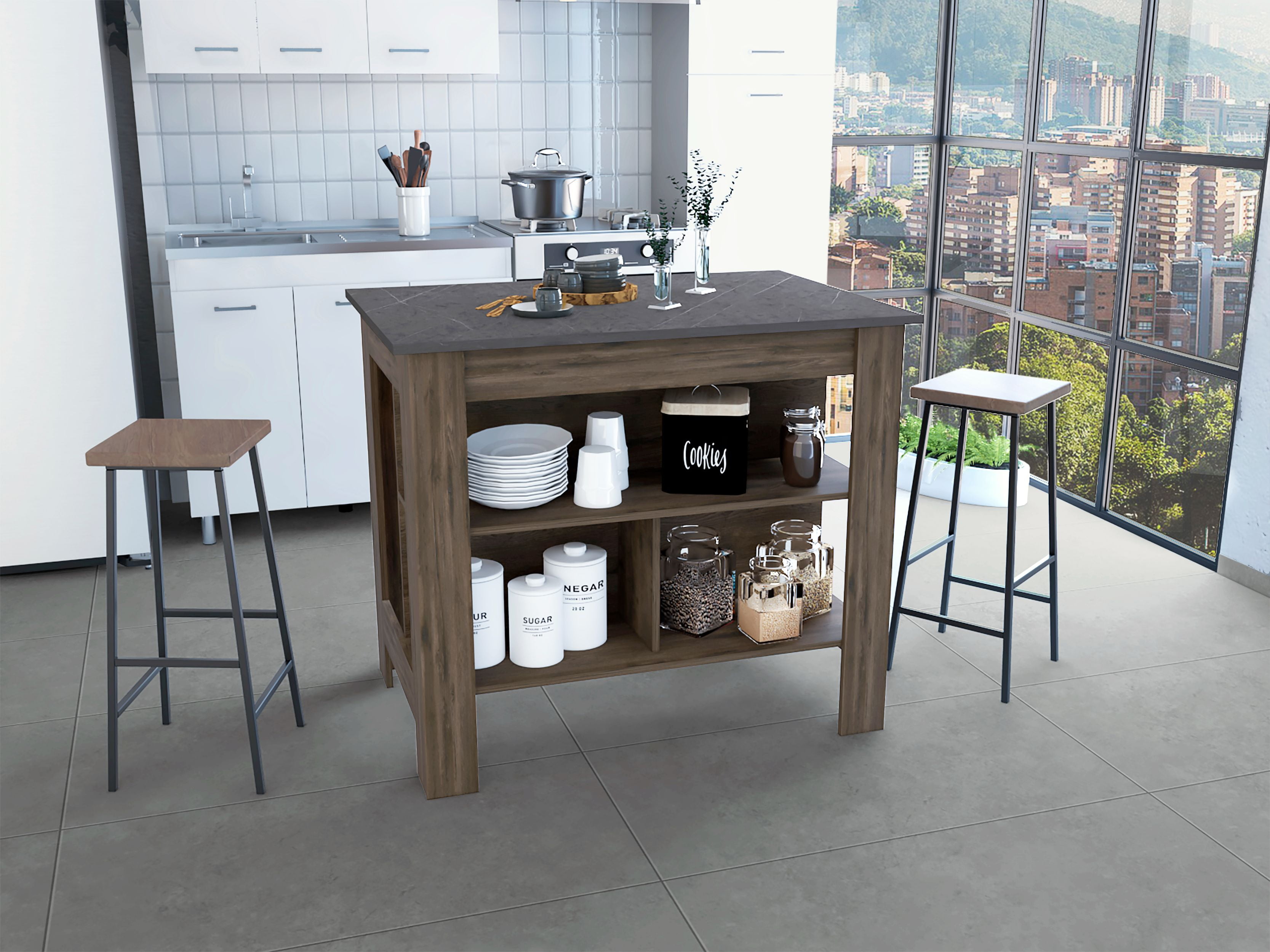 Xukmct Wood Top Kitchen Island with 3 Open Storage Shelves, 35" H ...