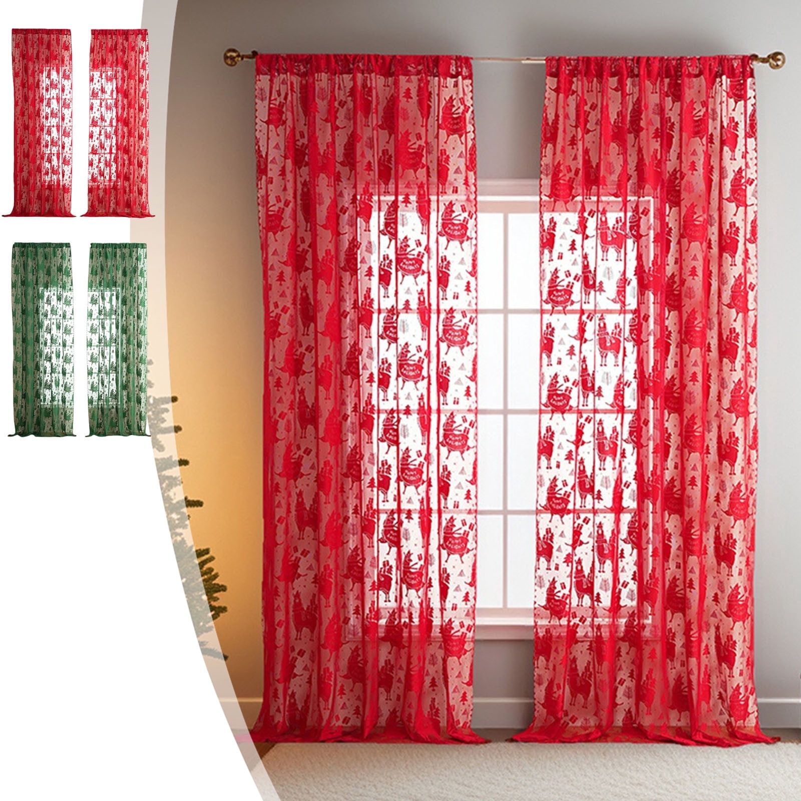 Xuniizn Christmas Curtains Window Set of 2 Green Lace Sheer Curtains ...