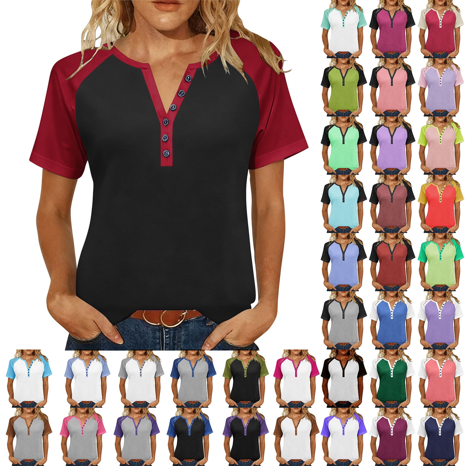 Xuniizn Summer Casual T Shirts for Women Color Block Henley Neck Short ...