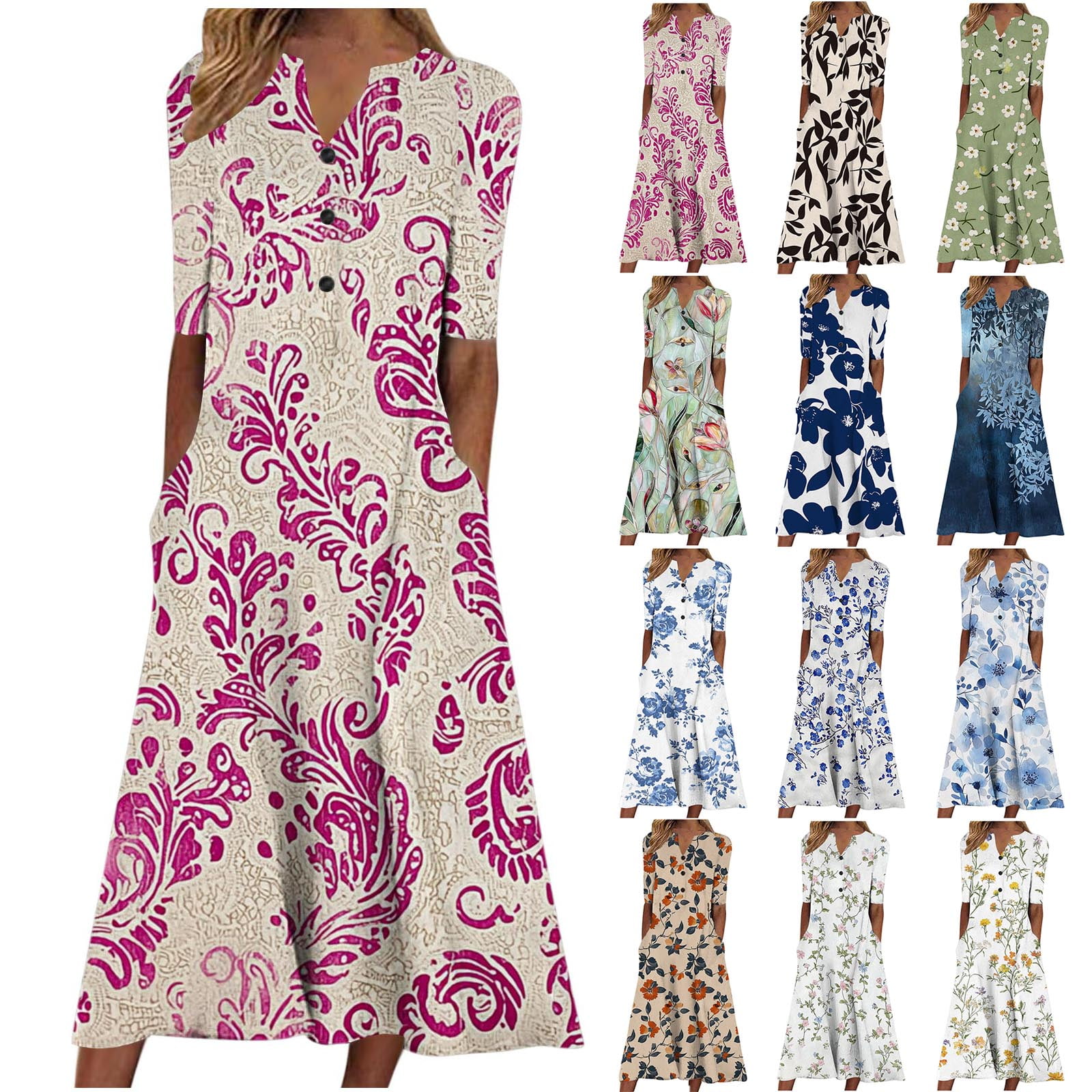 Xuniizn Sundress for Women Maxi Floral Printed V Neck Short Sleeves ...