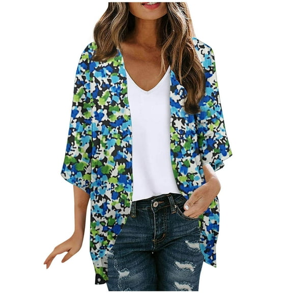 Women's Fashionable Floral Print Puff Sleeve Kimono Cardigan Loose Plus ...