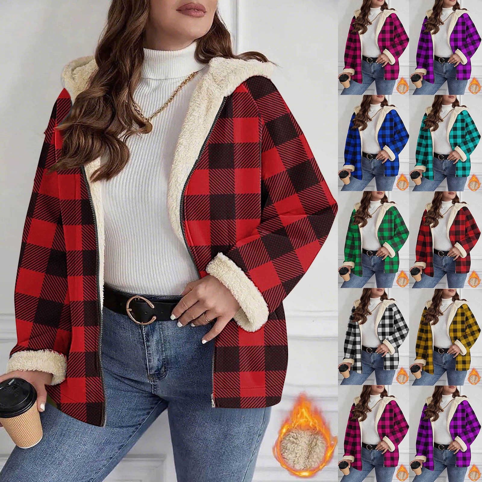 Xuniizn Womens Plaid Shacket Jacket Long Sleeve Zip Up Fleece Hooded ...