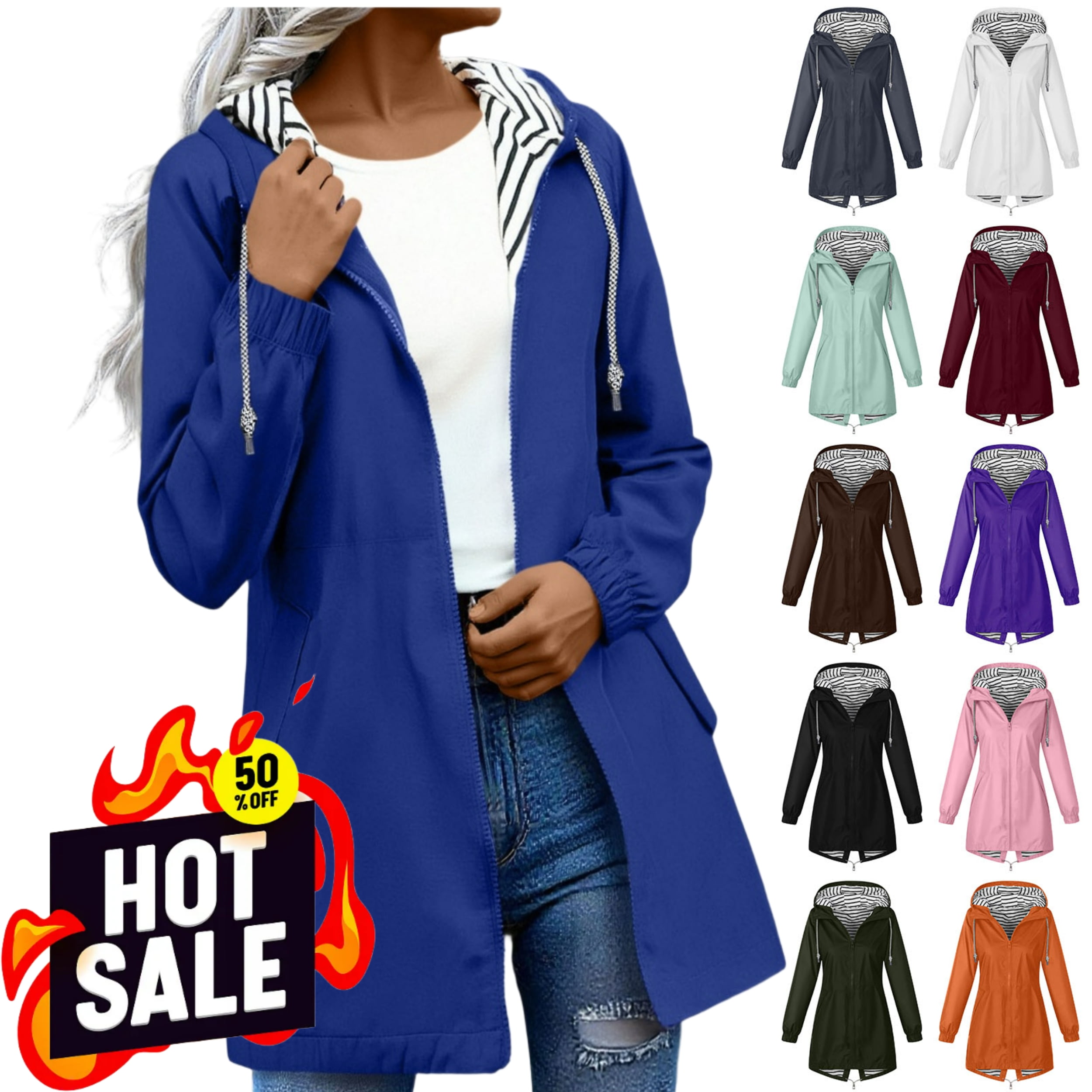 Xunlbb Clearance! Women Solid Color Rain Jacket Outdoor Hooded ...