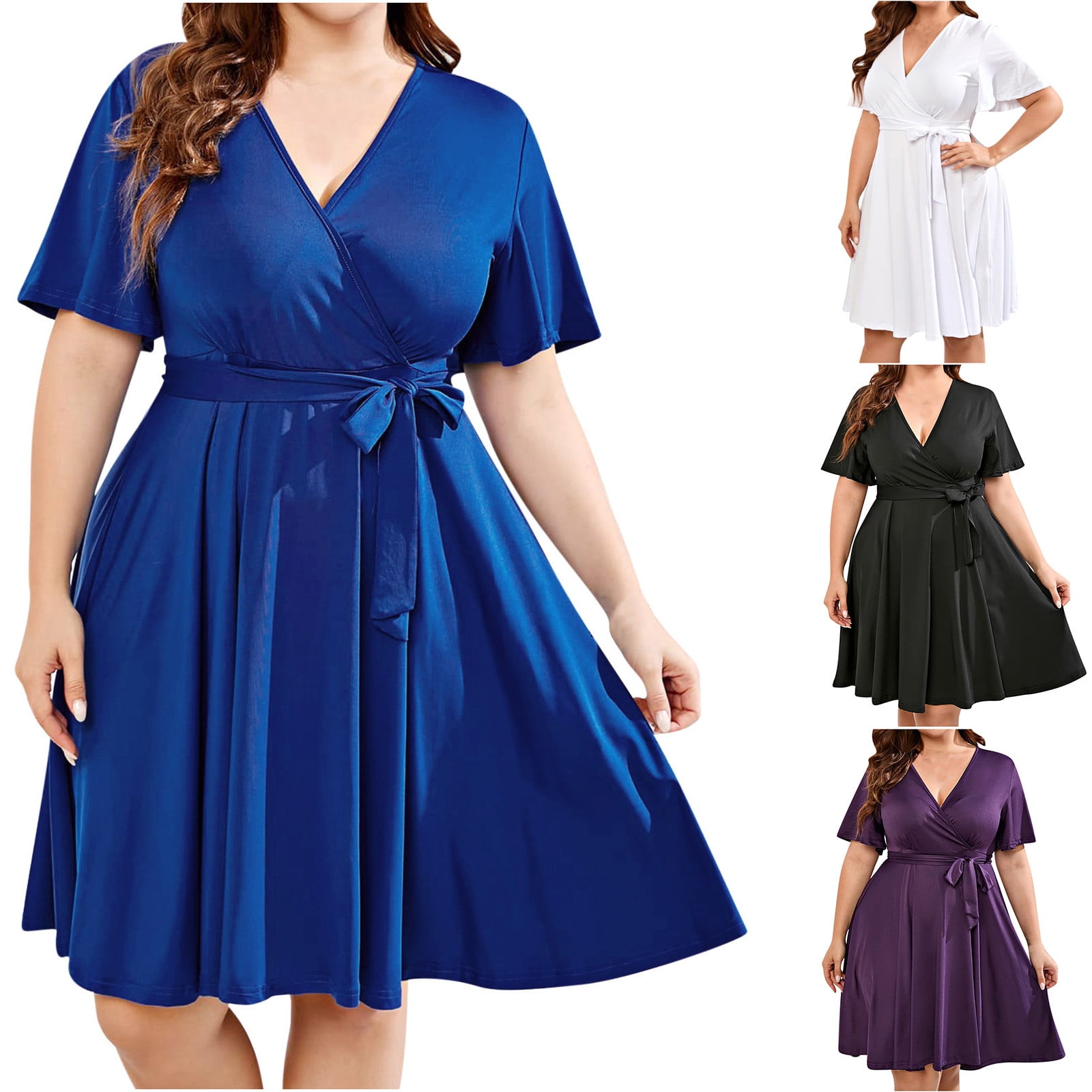 Xunlbb Plus Size Womens Dress Casual V-Neck Solid Long Dress Short ...