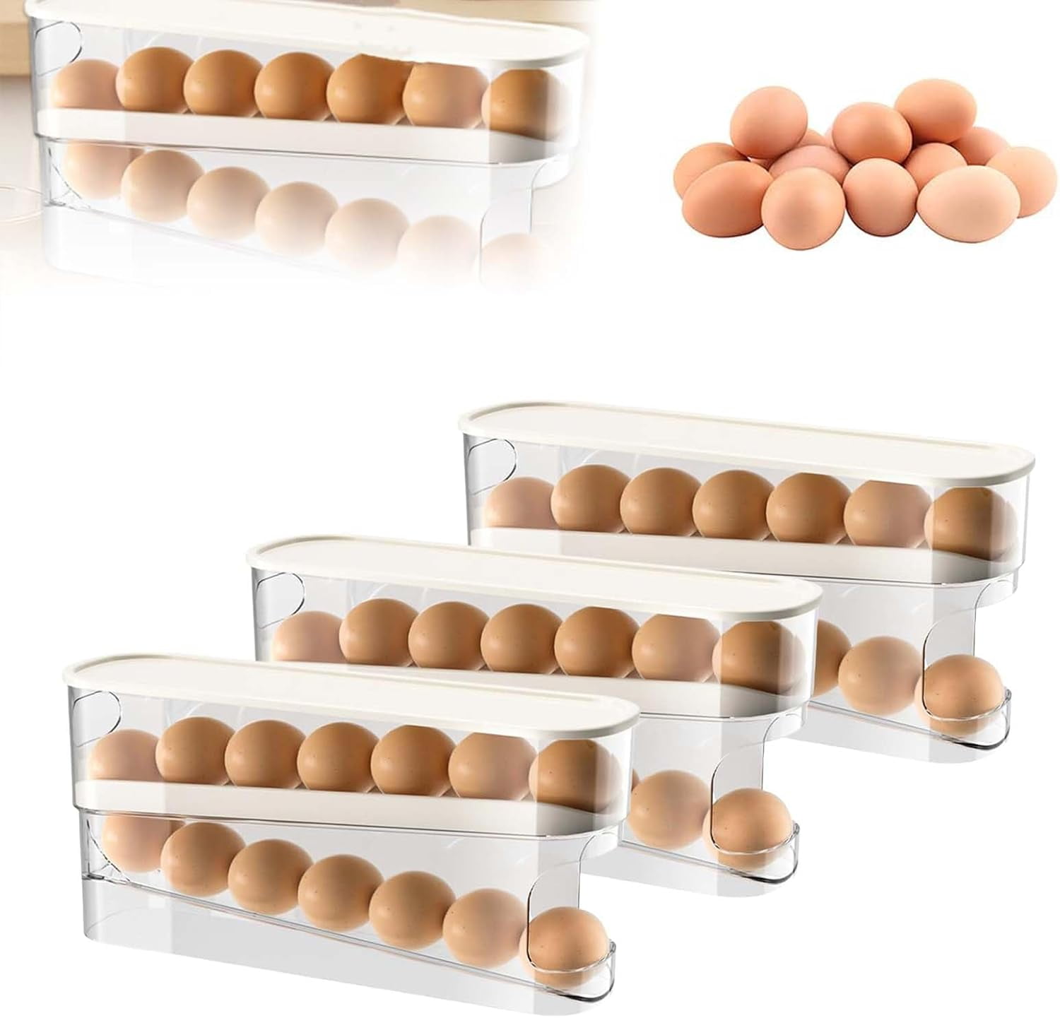 Xuyuan Automatic Scrolling Egg Holder for Fridge, Stackable Egg Rack Dispenser with Lid, Egg ...