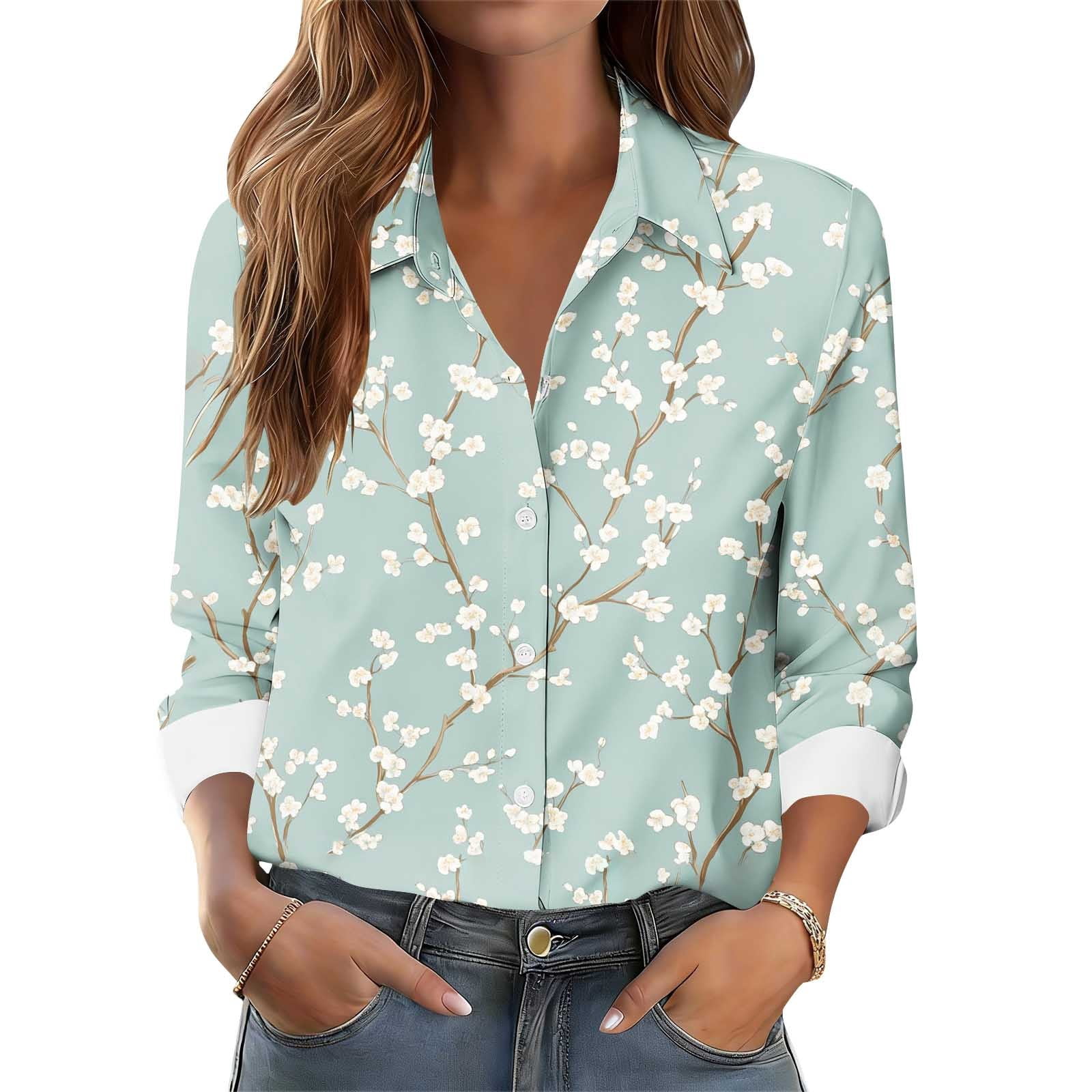 Xuyuer Button Down Shirts for Women Dressy Floral Printed Long Sleeve ...