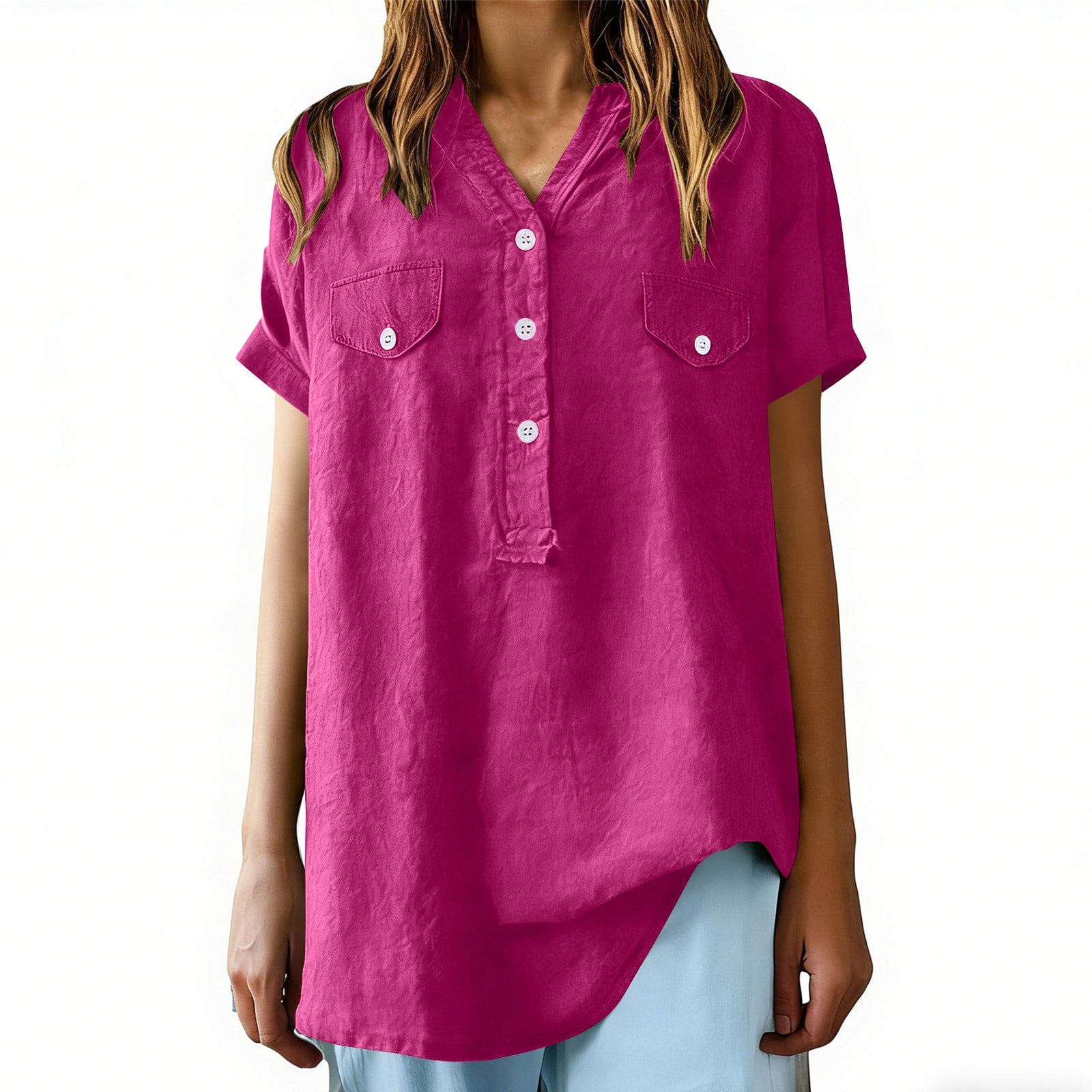 Xuyuer Linen Tops for Women Short Sleeve Button V Neck Tunic Trendy ...