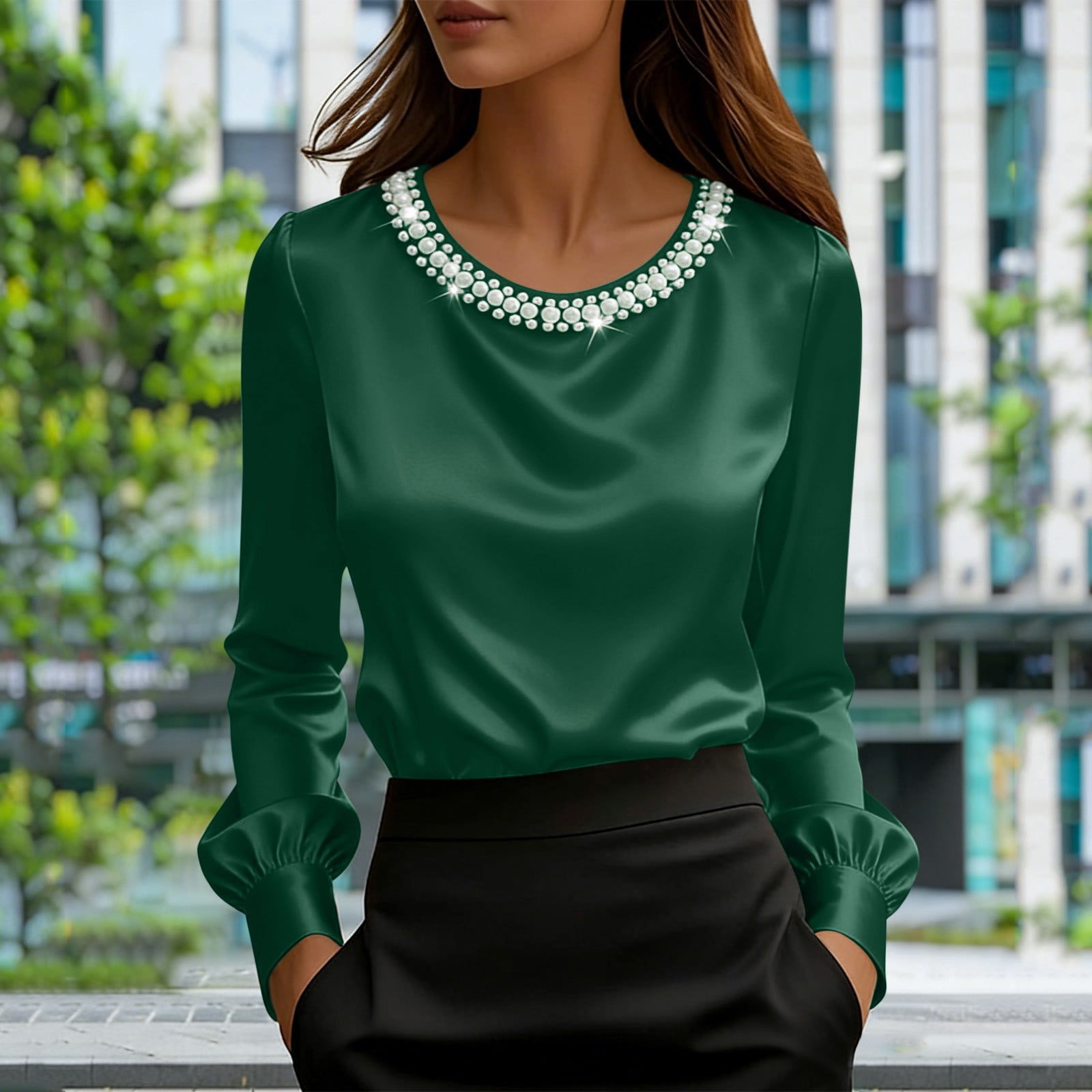 Xuyuer Women's Solid Fashion Elegant Round Neck Pearl Embellished ...
