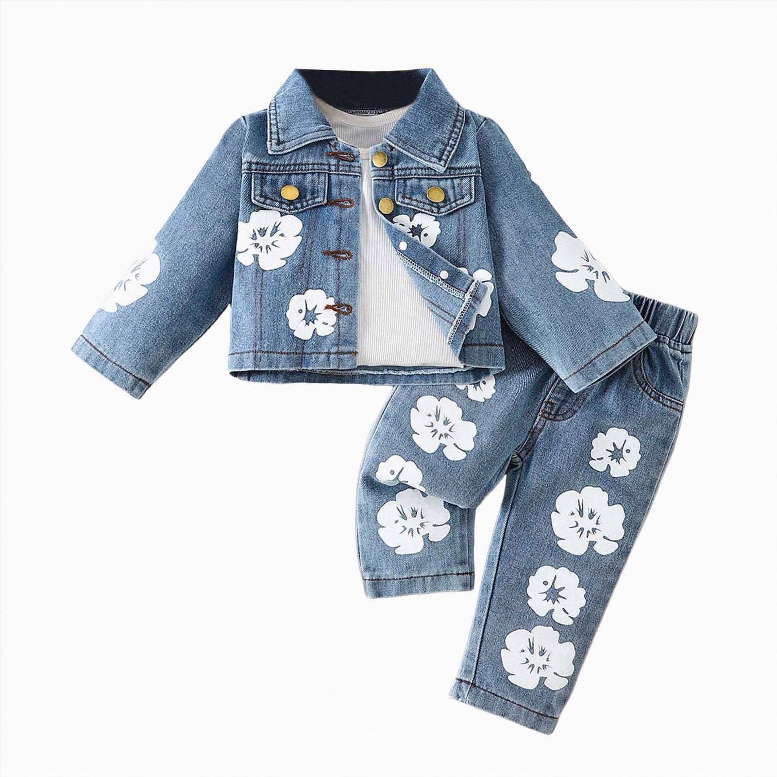 Xyant Toddler Girls 2 Piece Flower Print Denim Outfit Button Up Long ...