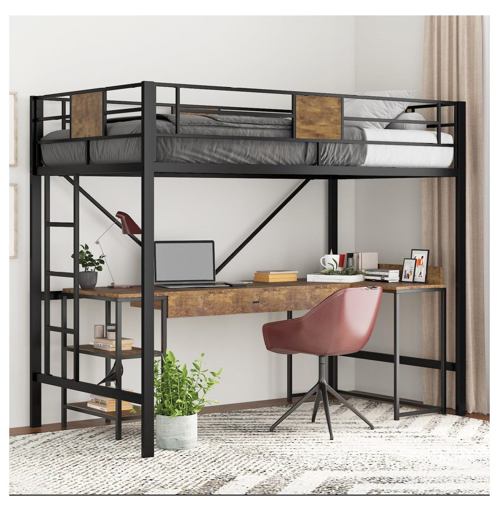 XylehR Rustic Size Loft Bed Frame with Fully Enclosed Guardrail ...