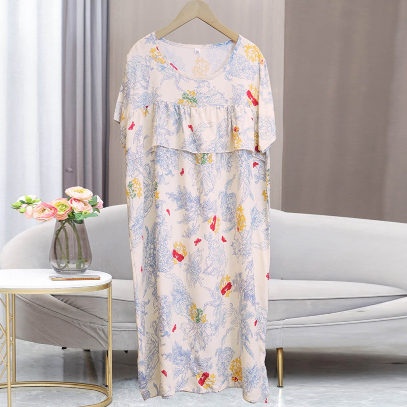 Xysaqa House Dresses Womens Nightgown Floral Print Sleepwear Cotton ...