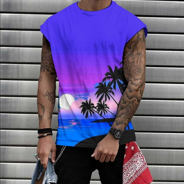 Xysaqa Men's Cool Graphic Hawaiian Beach Tank Tops Stretchy Sleeveless Muscle Tee Athletic ...