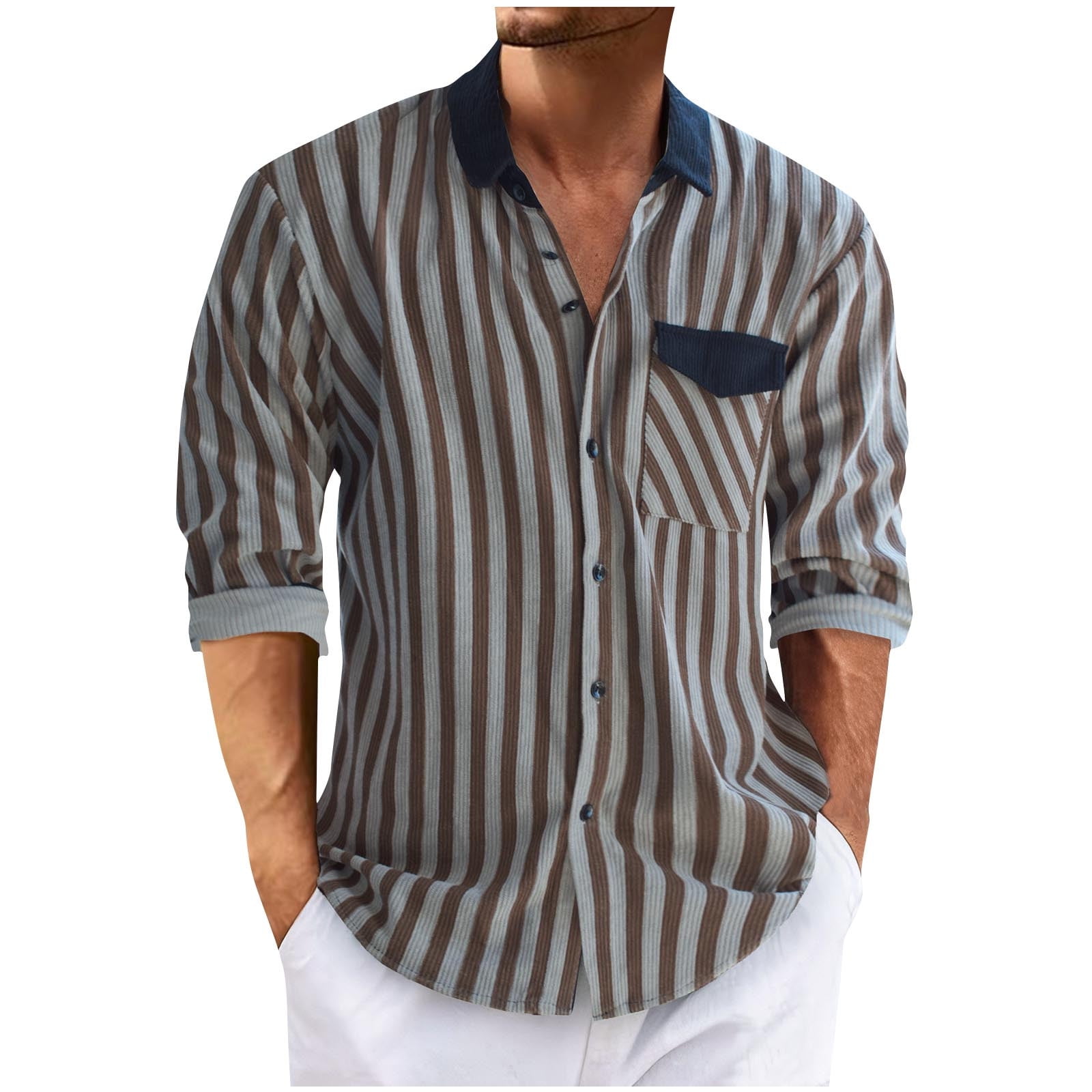 Xysaqa Men's Long Sleeve Button Up Shirts Mens Fashion Corduroy Striped ...