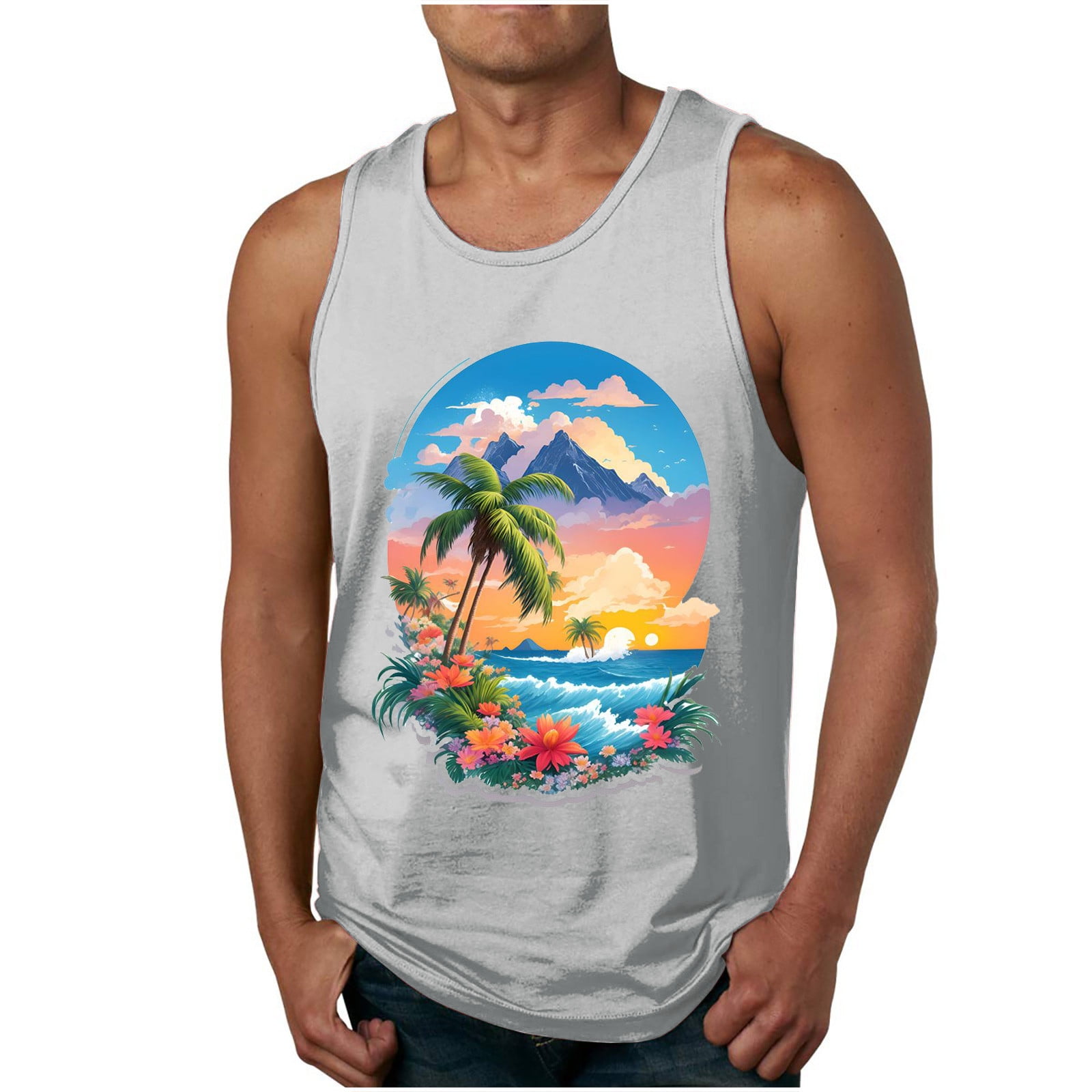 Xysaqa Men's Novelty Print Tank Tops - Mens Floral Beach Vacation Hawaiian T-Shirts Summer ...