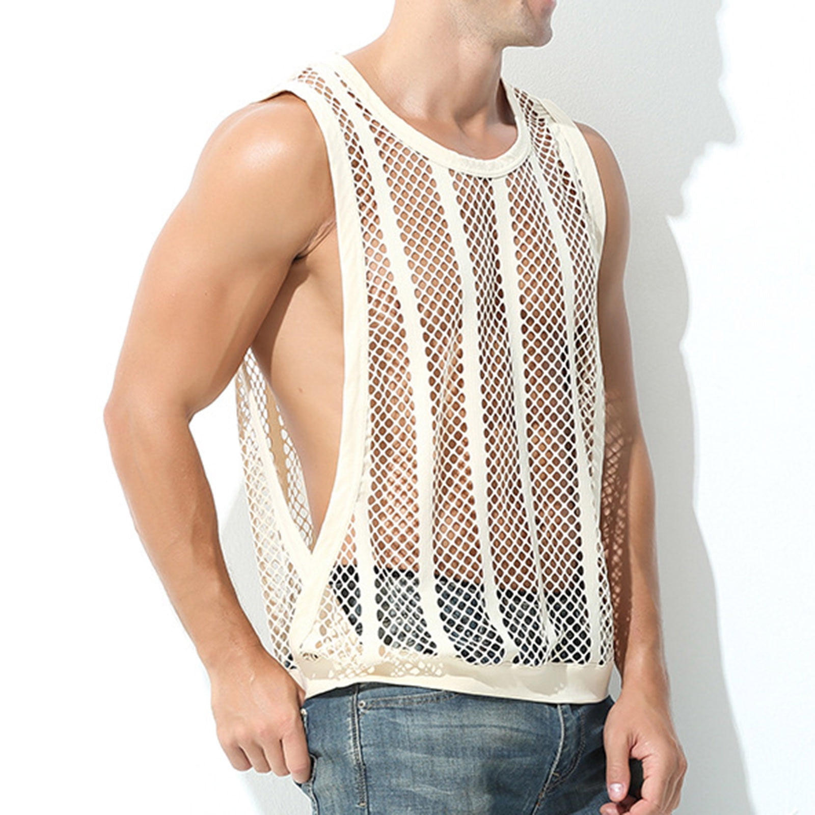 Xysaqa Men's Sheer Fishnet See-Through Tank Top, Sleeveless Muscle ...