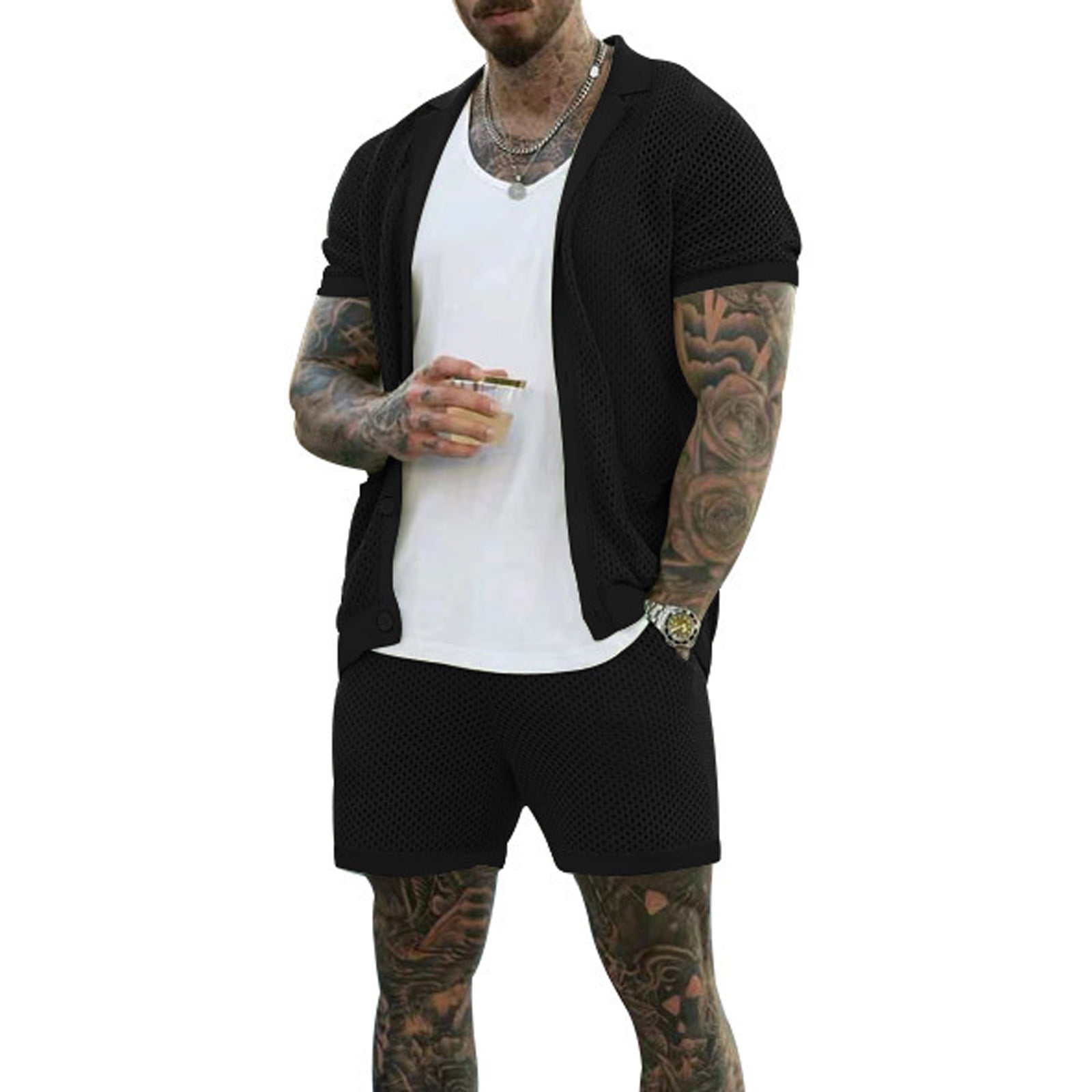 Xysaqa Men's Shirt and Shorts Knit Mesh Set, Fashion Button-Down Shirt ...