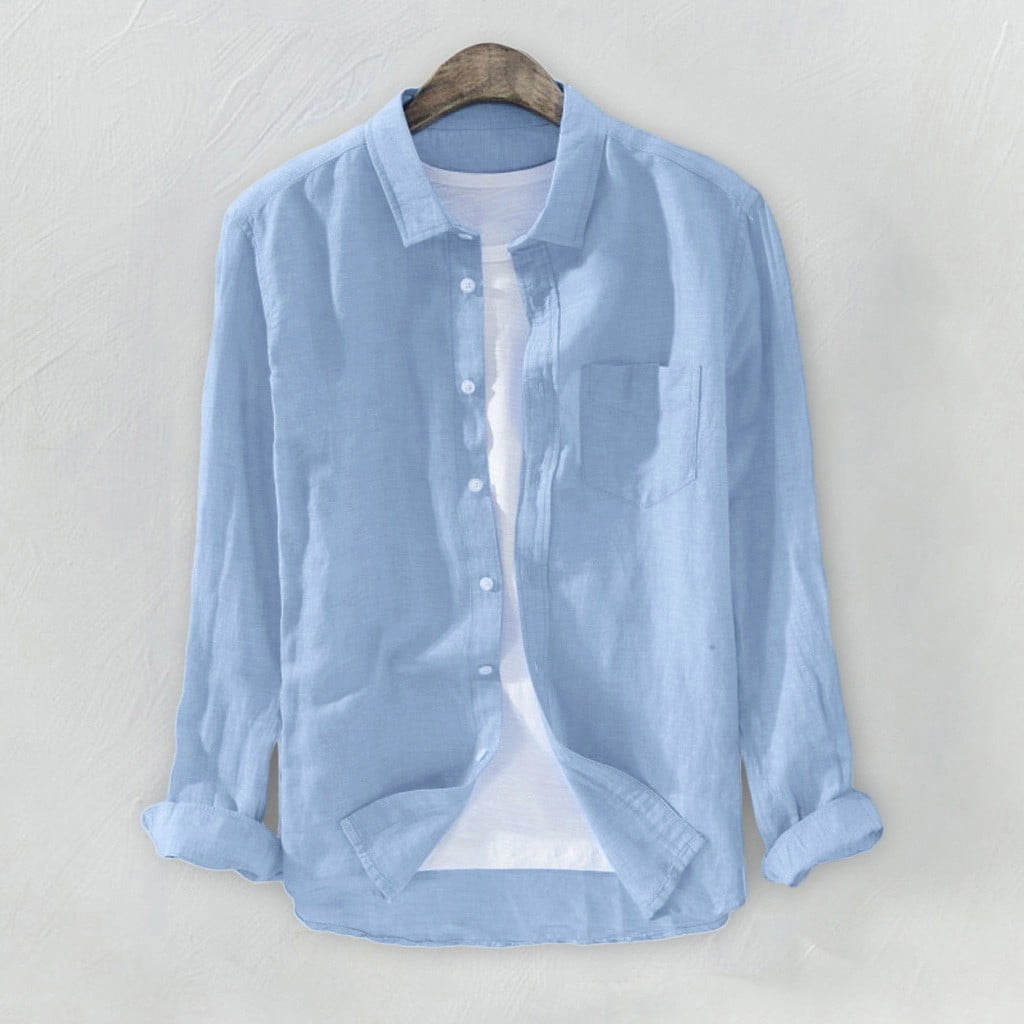 Xysaqa Men's Solid Cotton Linen Shirt Casual Long Sleeve Button Up T ...