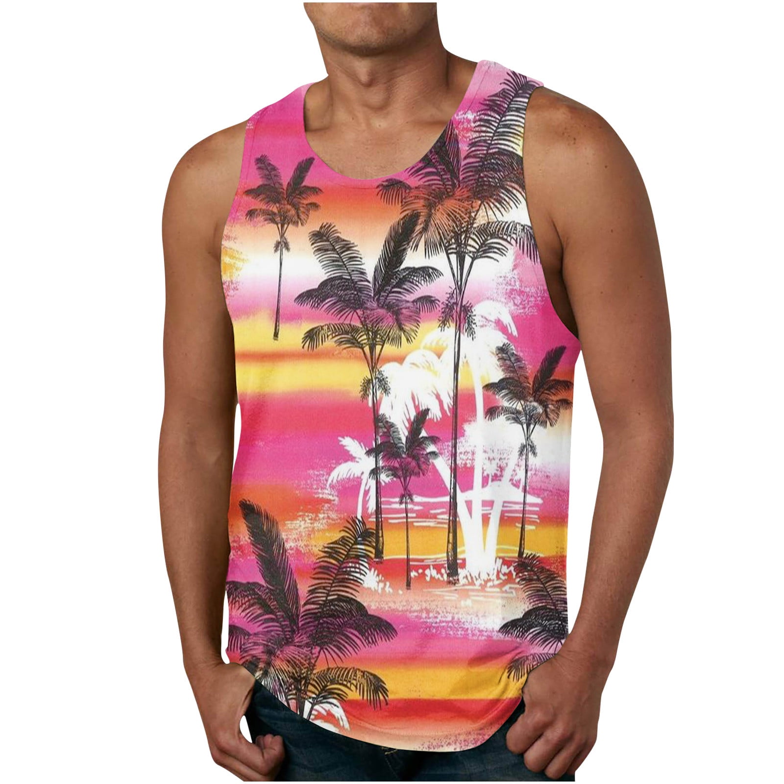 Xysaqa Men's Tank Top Tropical Print Palm Tree - Beach Vacation Tee ...